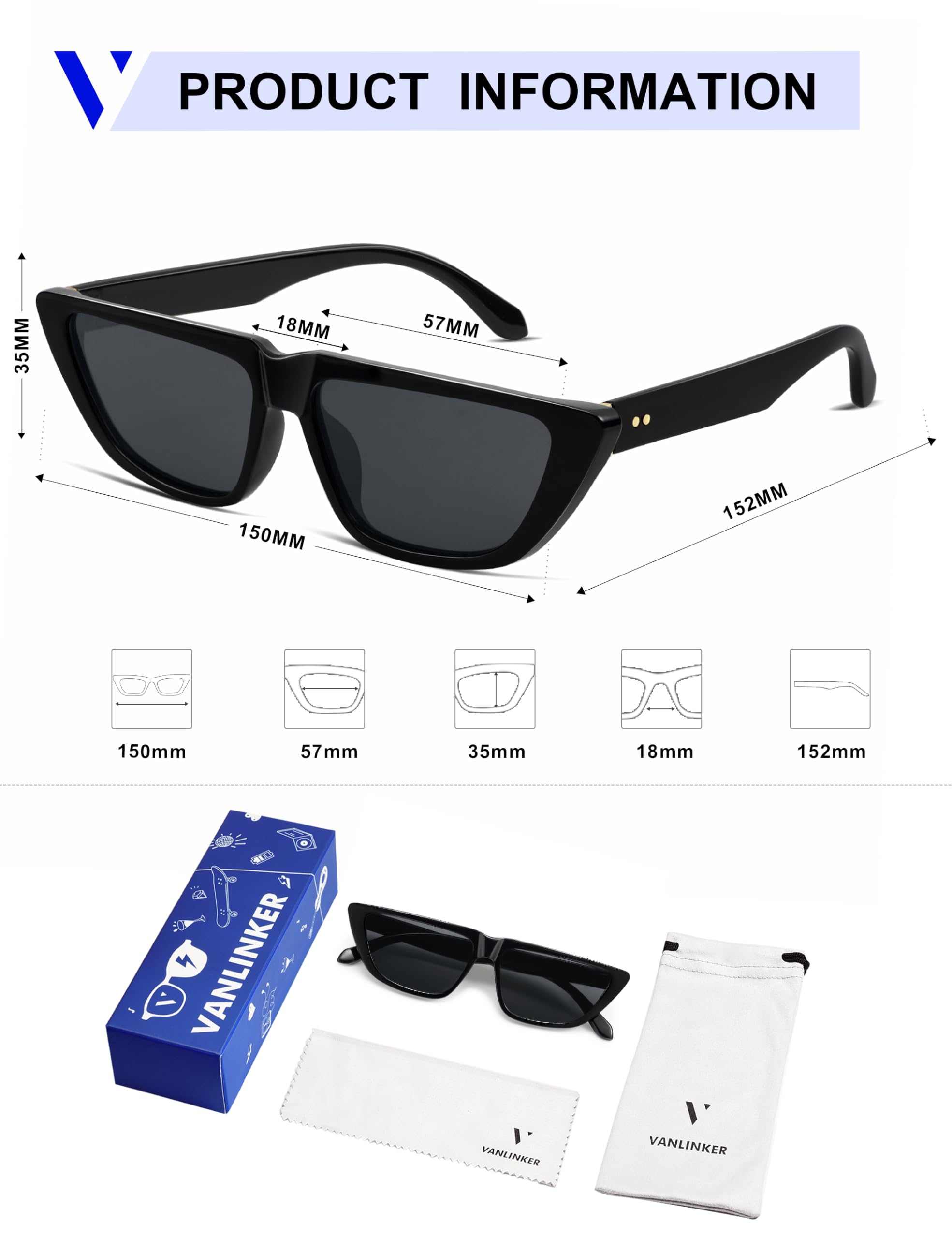 VANLINKER Trendy Polarized Cat Eye Sunglasses for Women Men Retro Square Shade Slim Frame VL9790 Black
