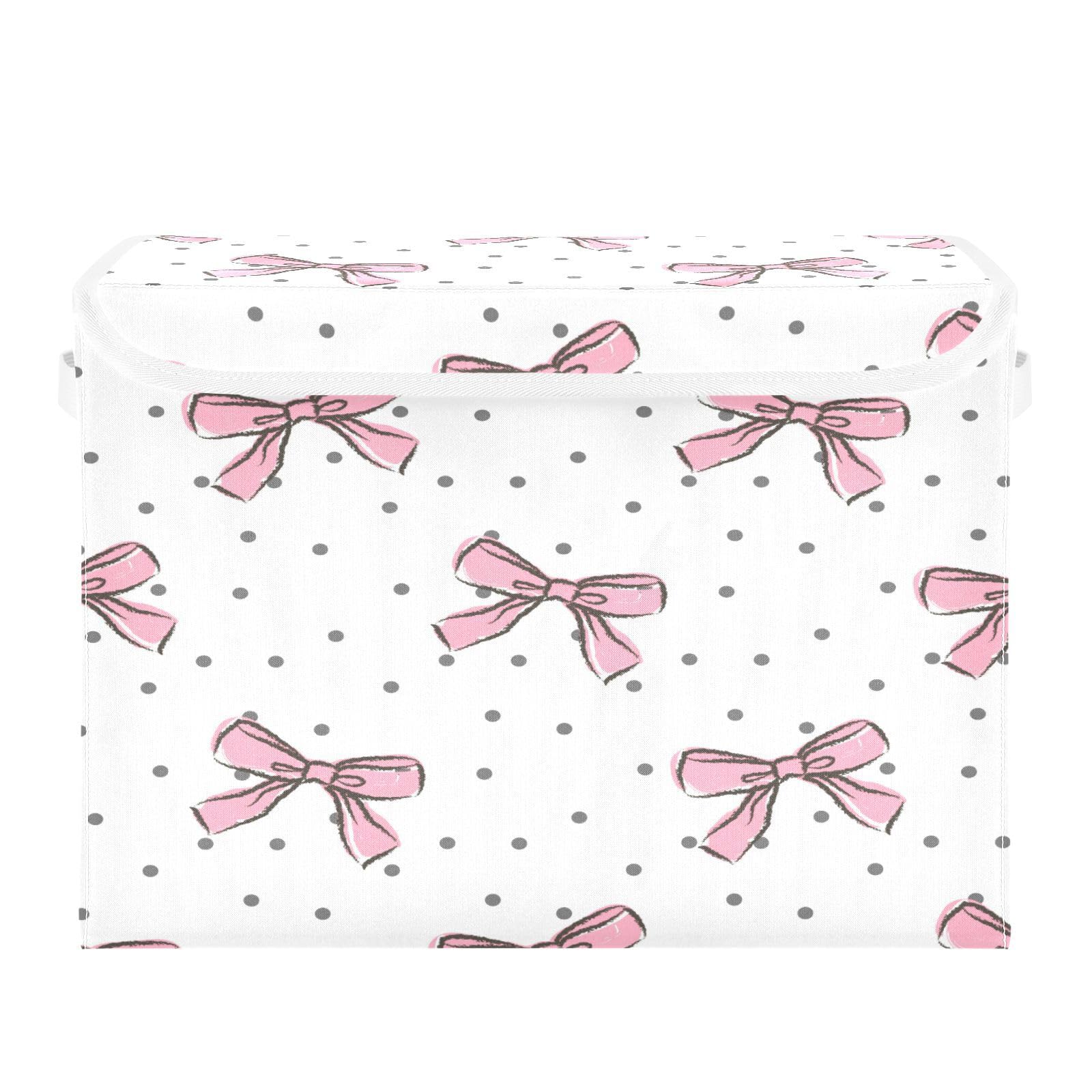 YETTASBIN Bow Pink Storage Basket with Lid and Handles, Large Collapsible Fabric Storage Bins Sturdy Storage Organizer for Shelves, Closet, Bedroom, School, Office, Home Decor