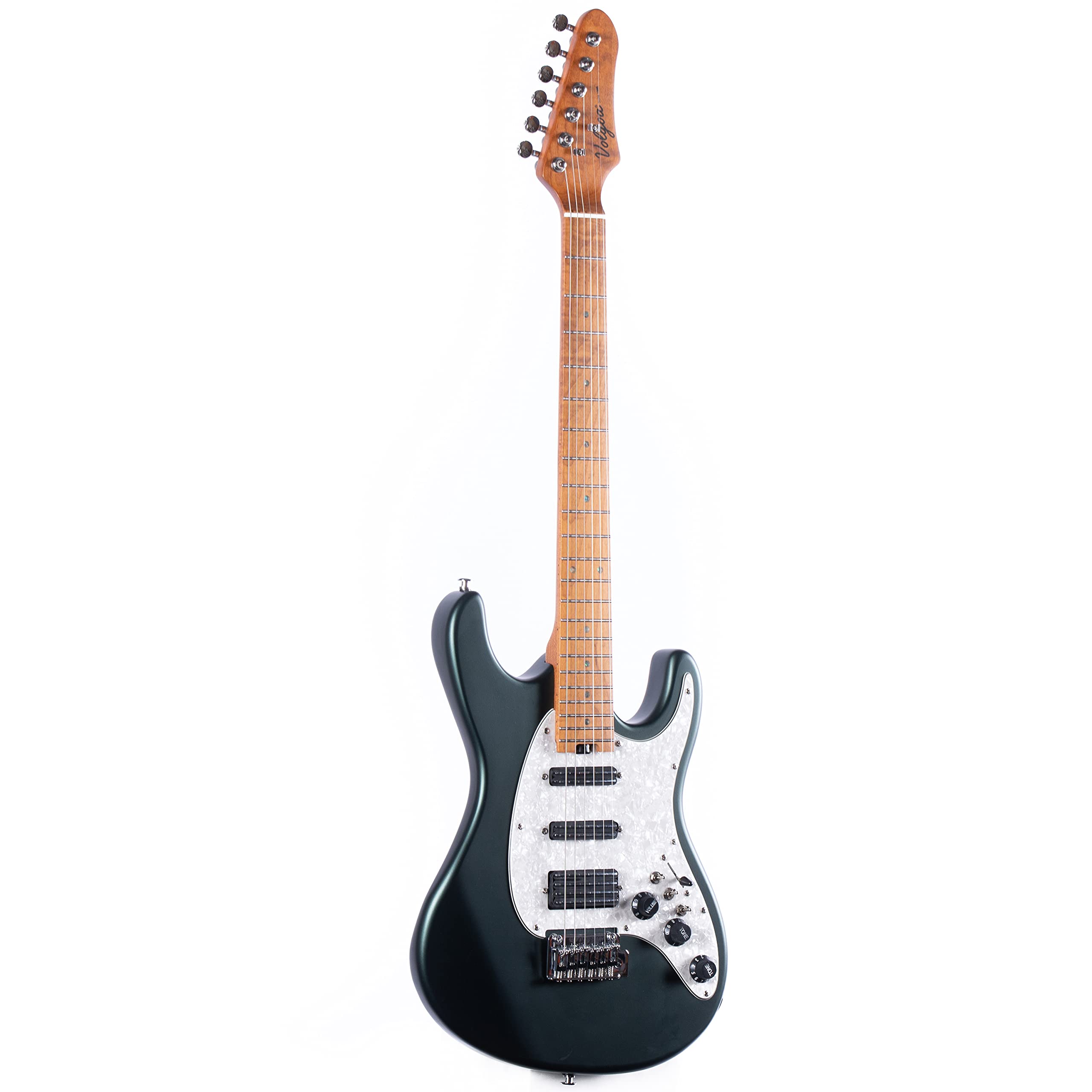 Volgoa VVS 6-String Solid Body Electric Guitar with Alder Body,Stainless Steel Frets,Featuring Tremolo System, with Plastic Pearl Pickguard and String Tree (Black green)