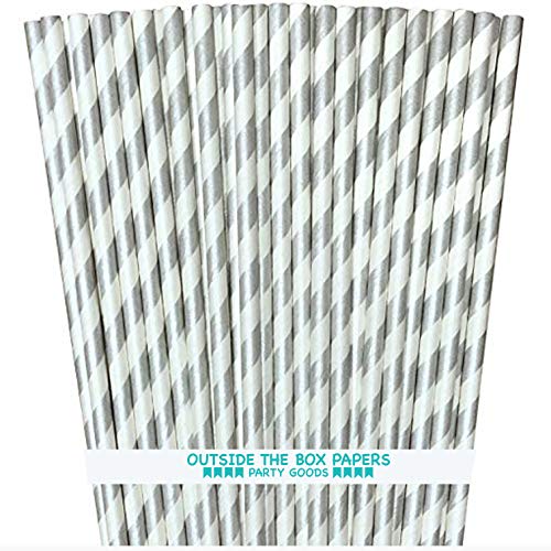 Striped Paper Straws - Silver White - Christmas Holiday Wedding Anniversary Party Supply - 7.75 Inches - 100 Pack - Outside the Box Papers Brand