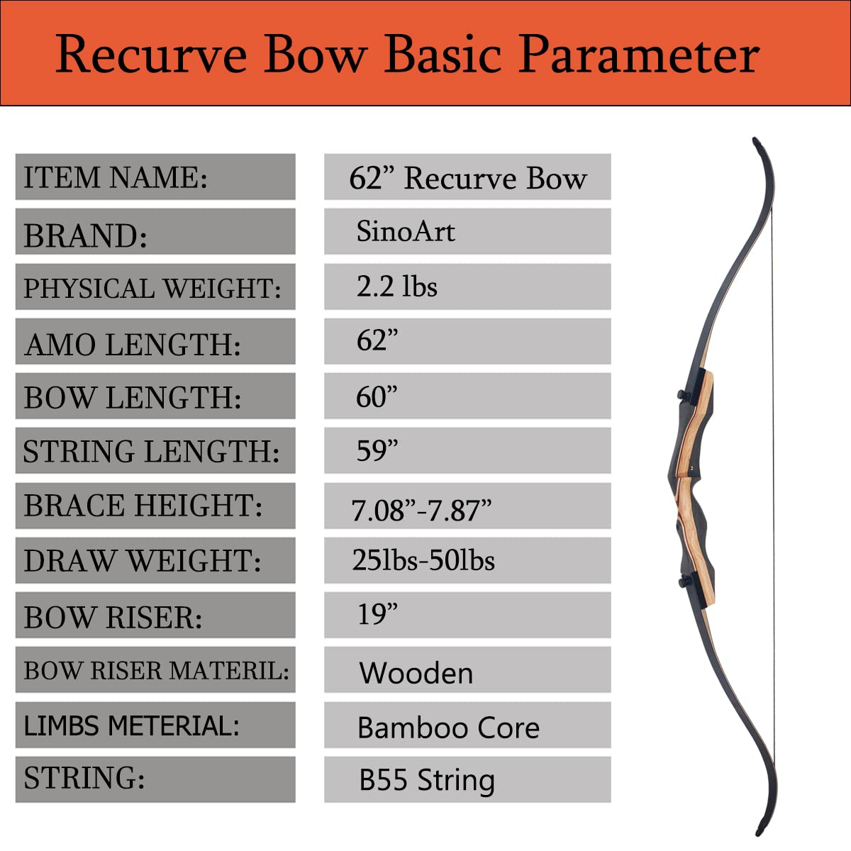 TBOW 62" Takedown Recurve Bow 25-60LB Adult Archery Competition Athletic Right Hand Archery Kit for Outdoor Training Hunting Shooting(45Lbs)