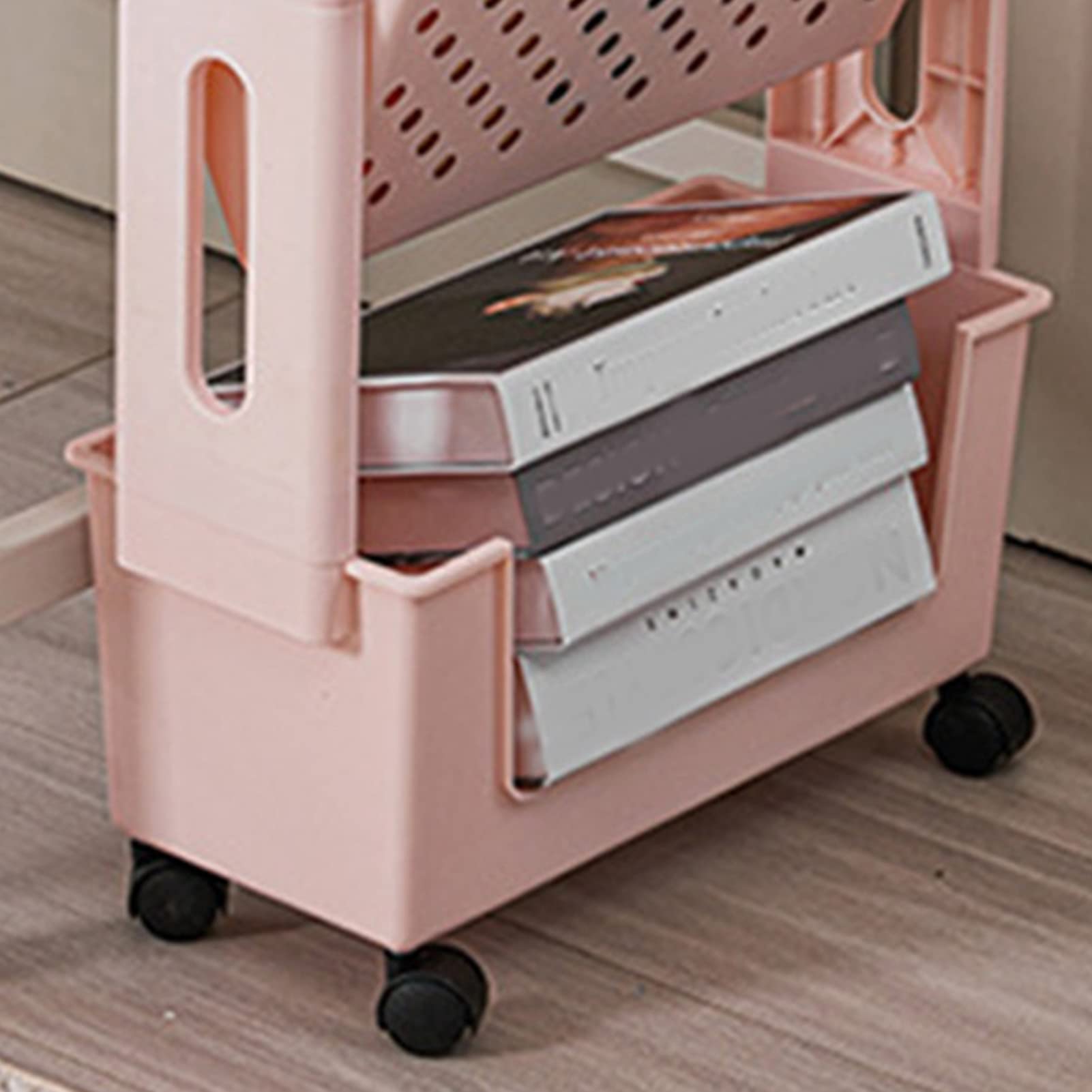 Movable Bookshelf, Slide Out Rolling Utility Cart, Movable Bookshelf Shelving Organizer, Multilayer Capacity Rotatable Removable Plastic Practical Rolling Organization Shelf with Wheel(Pink)