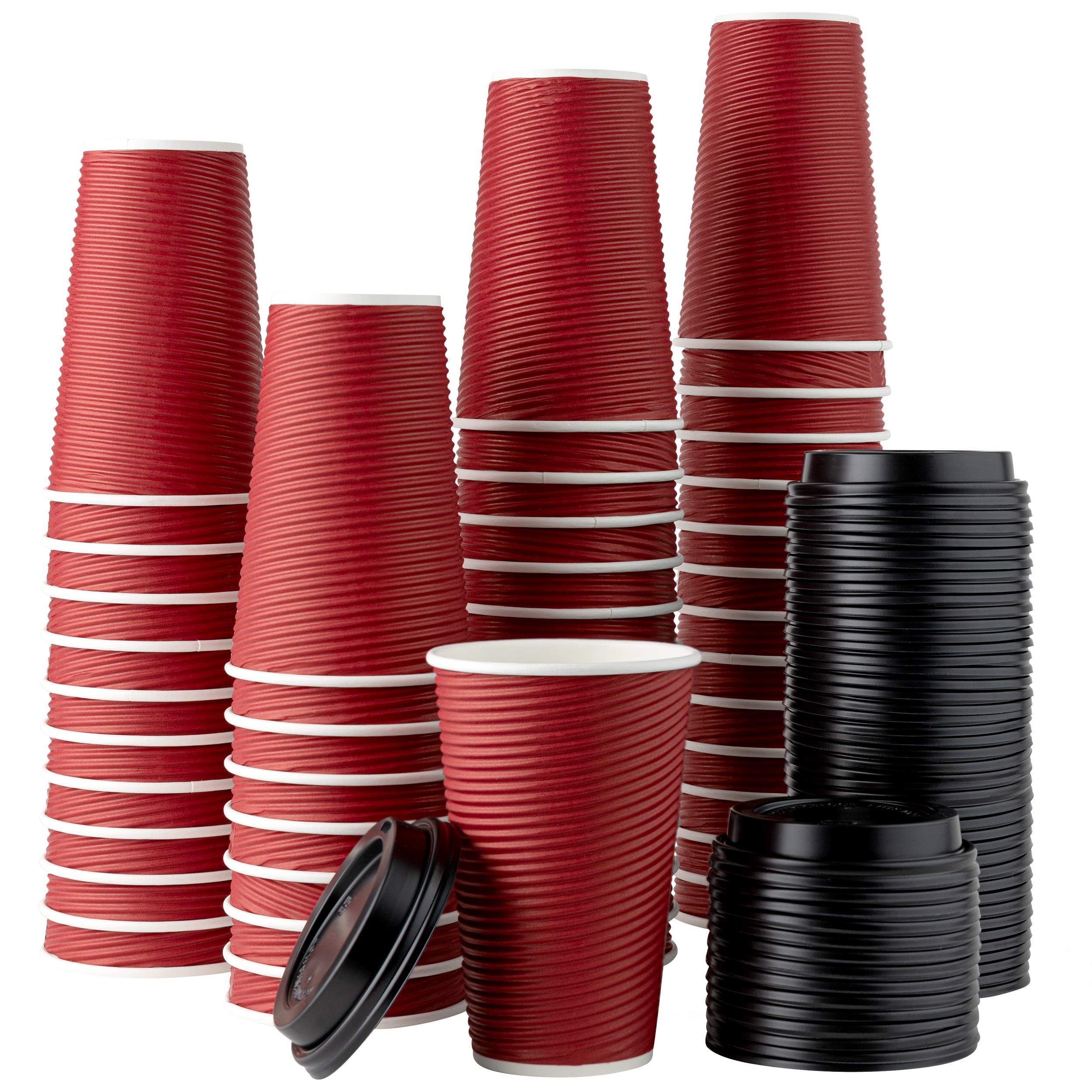 PLASTICPRO [50 Sets - 16 oz.] Insulated Rippled Double Wall Paper Hot Coffee Cups With Lids, Burgundy