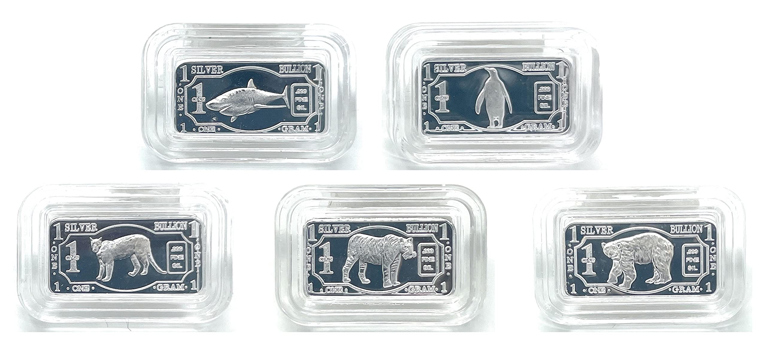 Metal Magery Ten Unique Animal One Gram .999 Pure Silver Bars with Velvet Jewelry Pouch