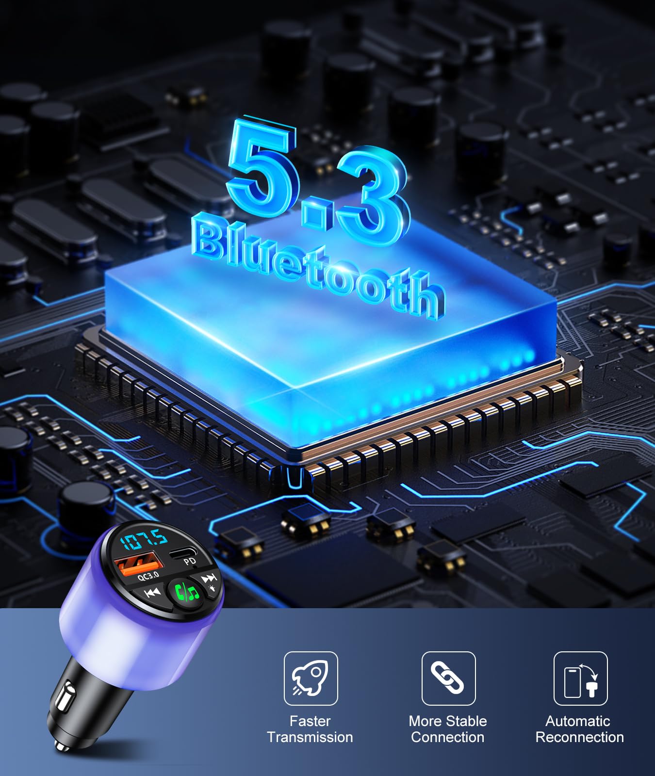 Otemly Bluetooth 5.3 FM Transmitter for Car [PD 30W & QC3.0 18W] Fast Charge, [All-Over Glow] Bluetooth Car Adapter Wireless FM Radio Transmitter Car Kit, Hands-Free Calls, Hi-Fi Music