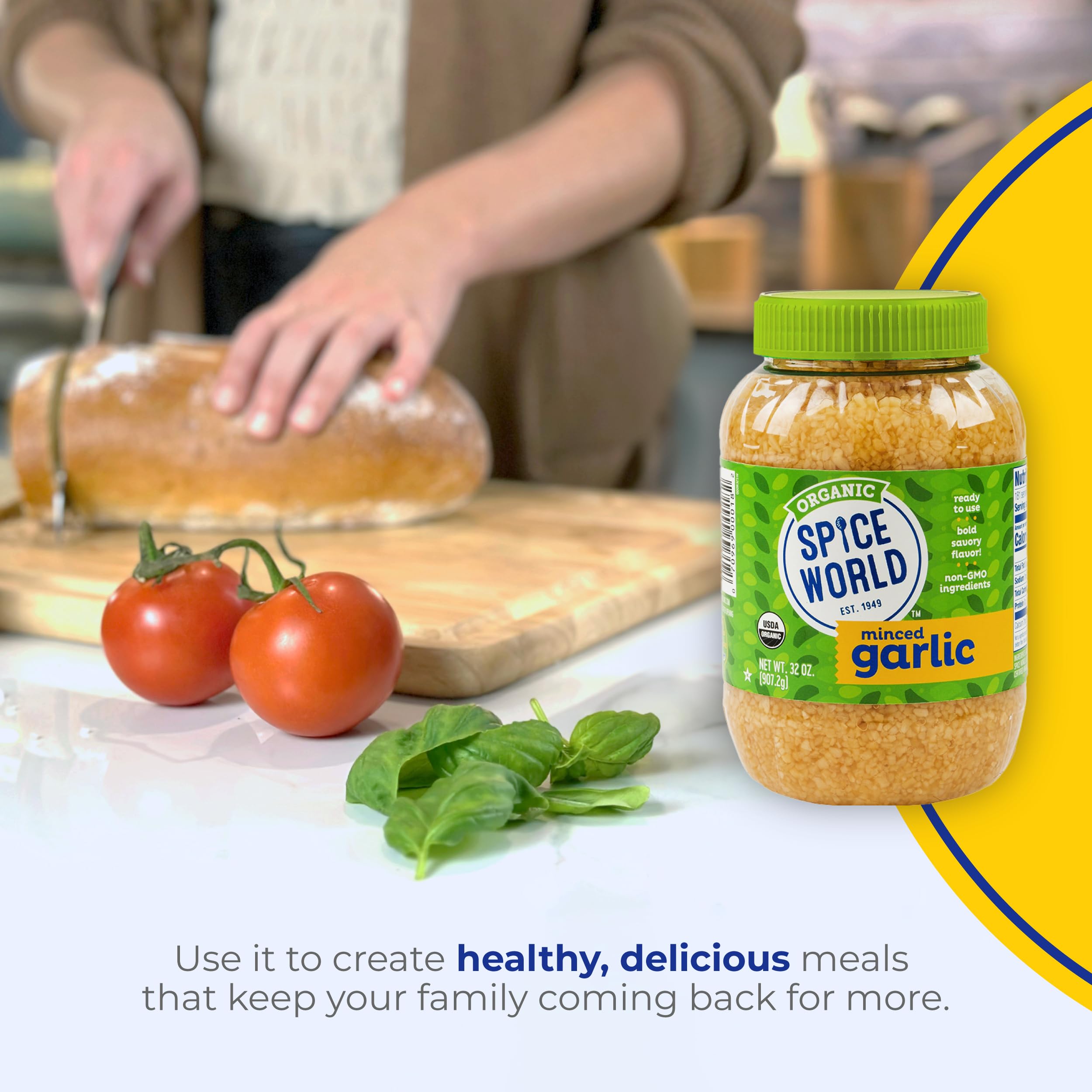 Spice World Organic Minced Garlic β Bulk 32oz Garlic Container, USDA Certified Organic Garlic with Non-GMO Ingredients β Ready-to-Use Seasonings for Cooking, Reduce Prep Work and Easily Add Flavor