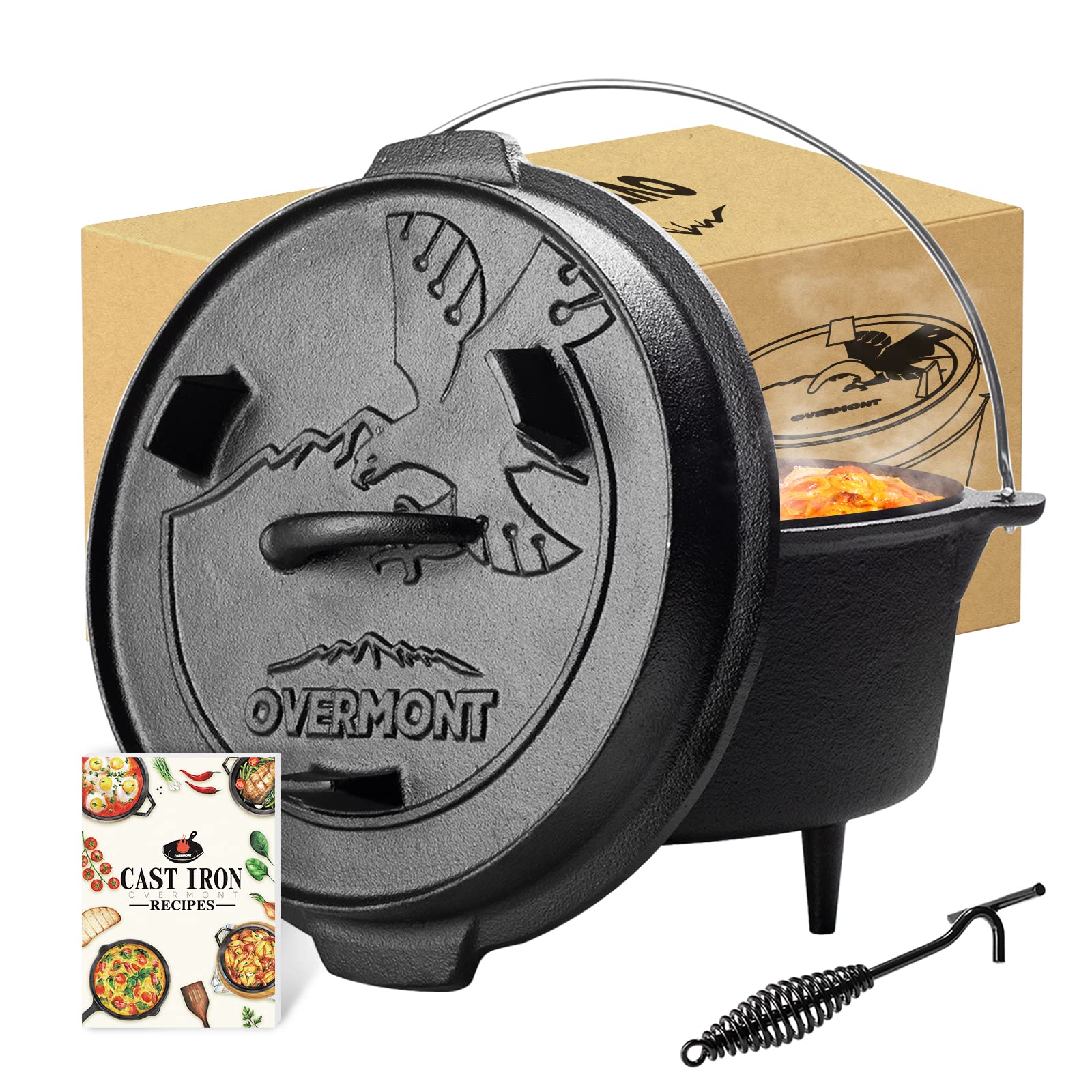 Overmont Camp Dutch Oven Cast Iron Lid Also a Skillet Casserole Pot Pre Seasoned with Lid Lifter Handle for Camping Cooking BBQ Baking (Pot 6Qt+ Skillet)