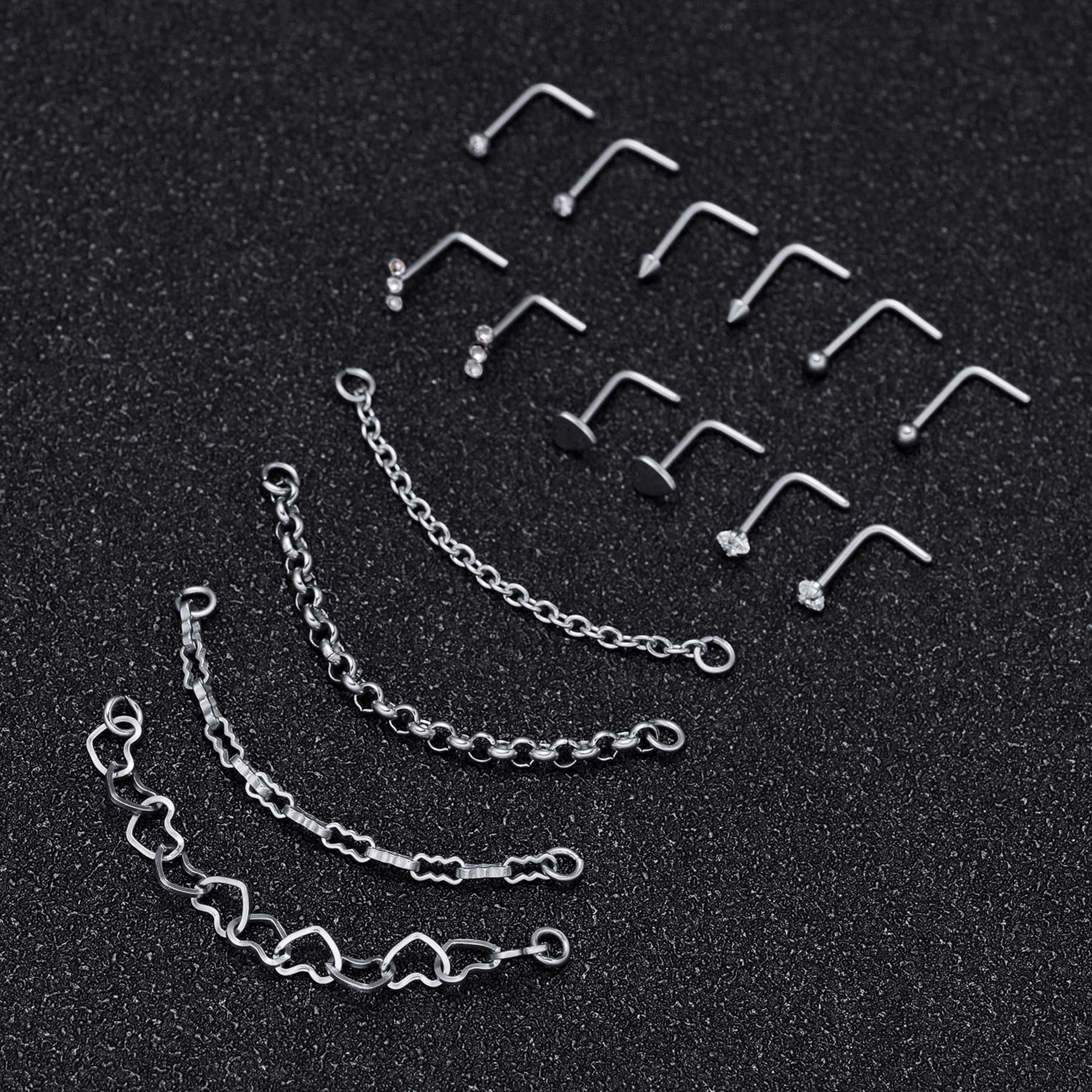 Tornito Nose Chain Piercing Across Double Nose Stud Chain CZ Heart Ball L Shaped Nose Chain 4.2CM Nostril Piercing Jewelry for Women Men 20G Silver Tone