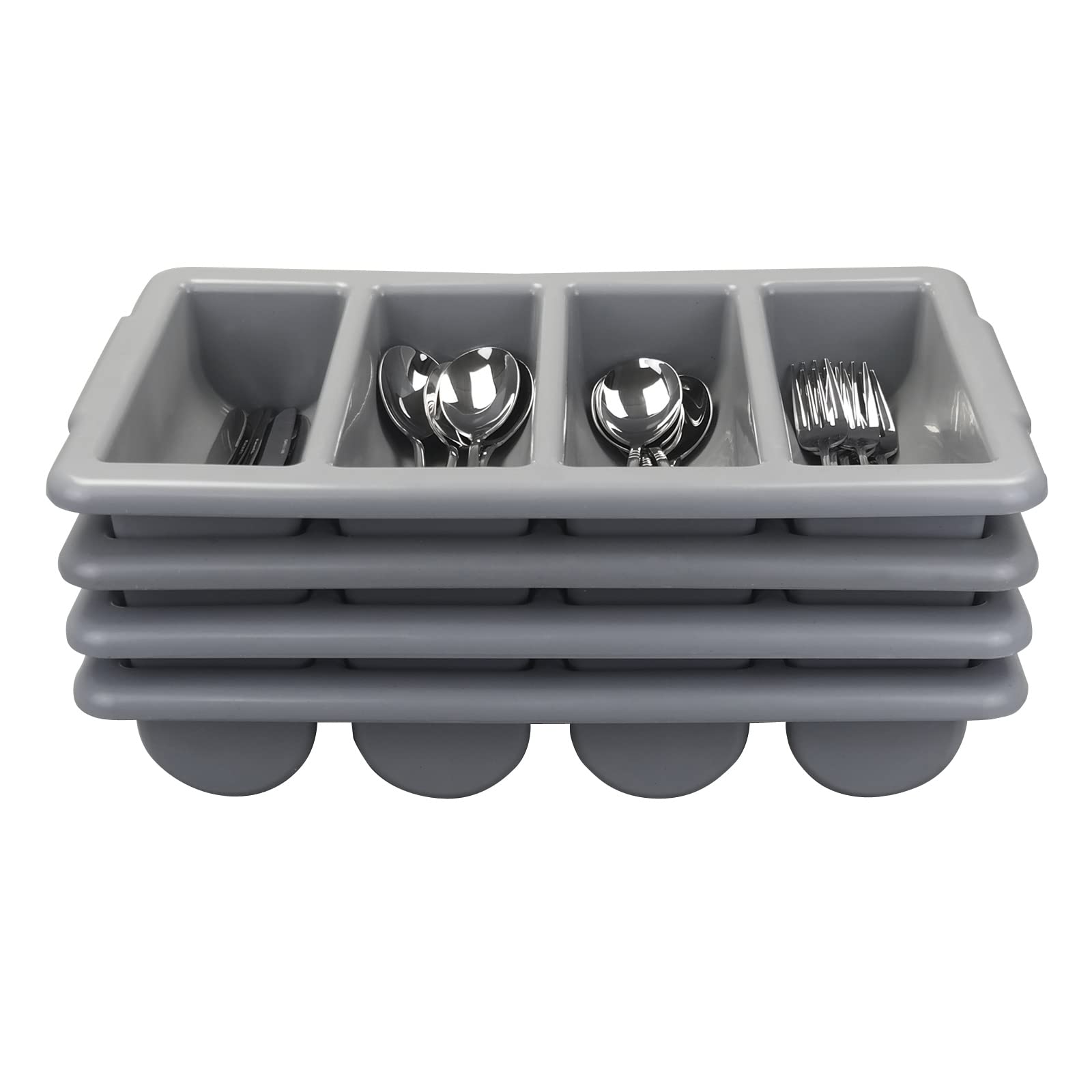 Rinboat 4-Pack Plastic 4-Compartment Cutlery Bin, Commercial Cutlery Holder, Gray