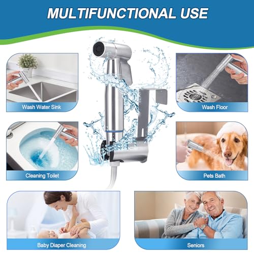 TURLEE Handheld Bidet Sprayer for Toilet -Brass T-valve Adapter, Sprayer Adjustable Water Pressure Control with Bidet Retractable Spring Hose for Feminine Wash.