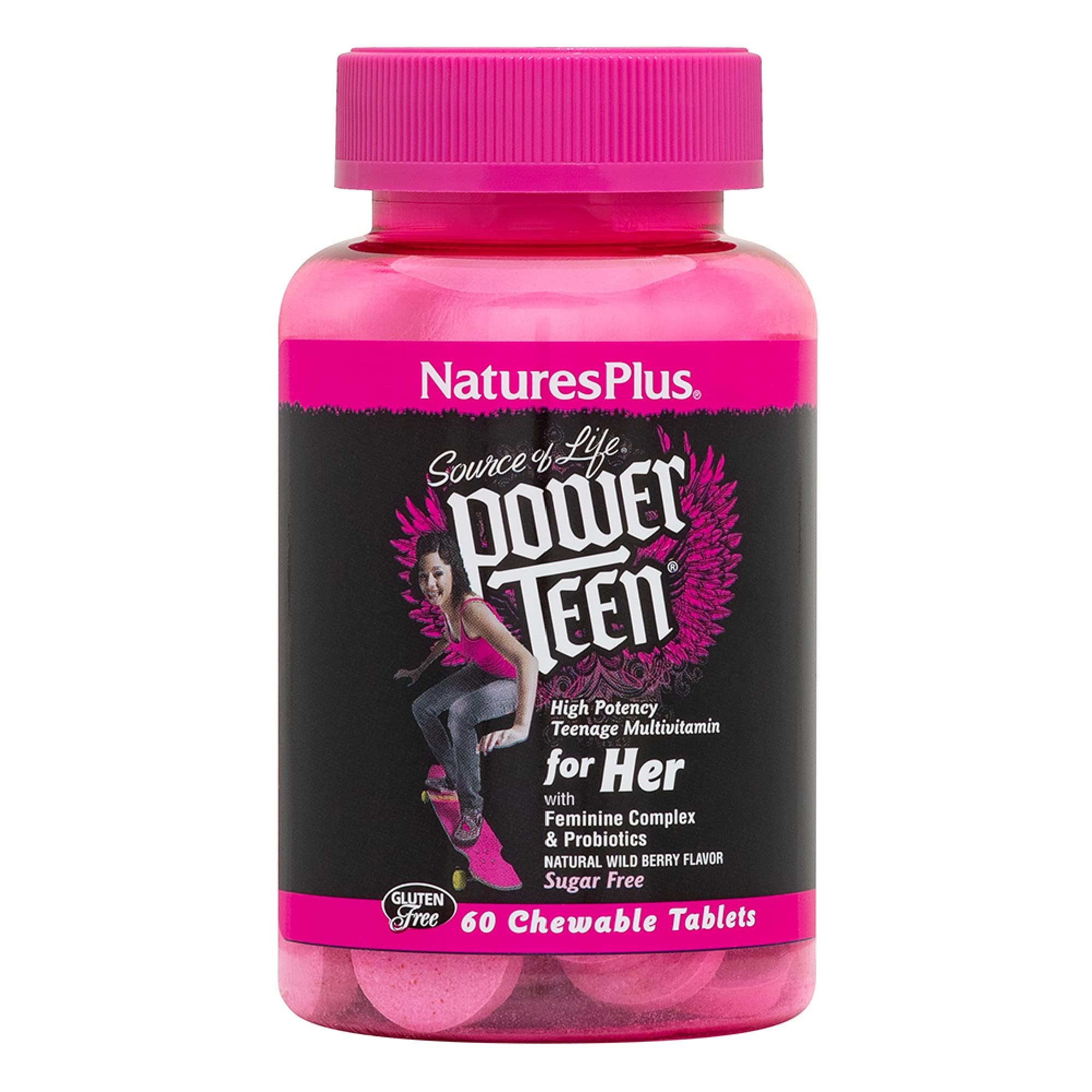 Natures Plus Power Teen for Her Chewable - 60 Vegetarian Tablets - Wild Berry - High Potency Multivitamin for Young Women - Hormone-Balancing - Sugar Free, Vegan, Gluten-Free - 30 Servings