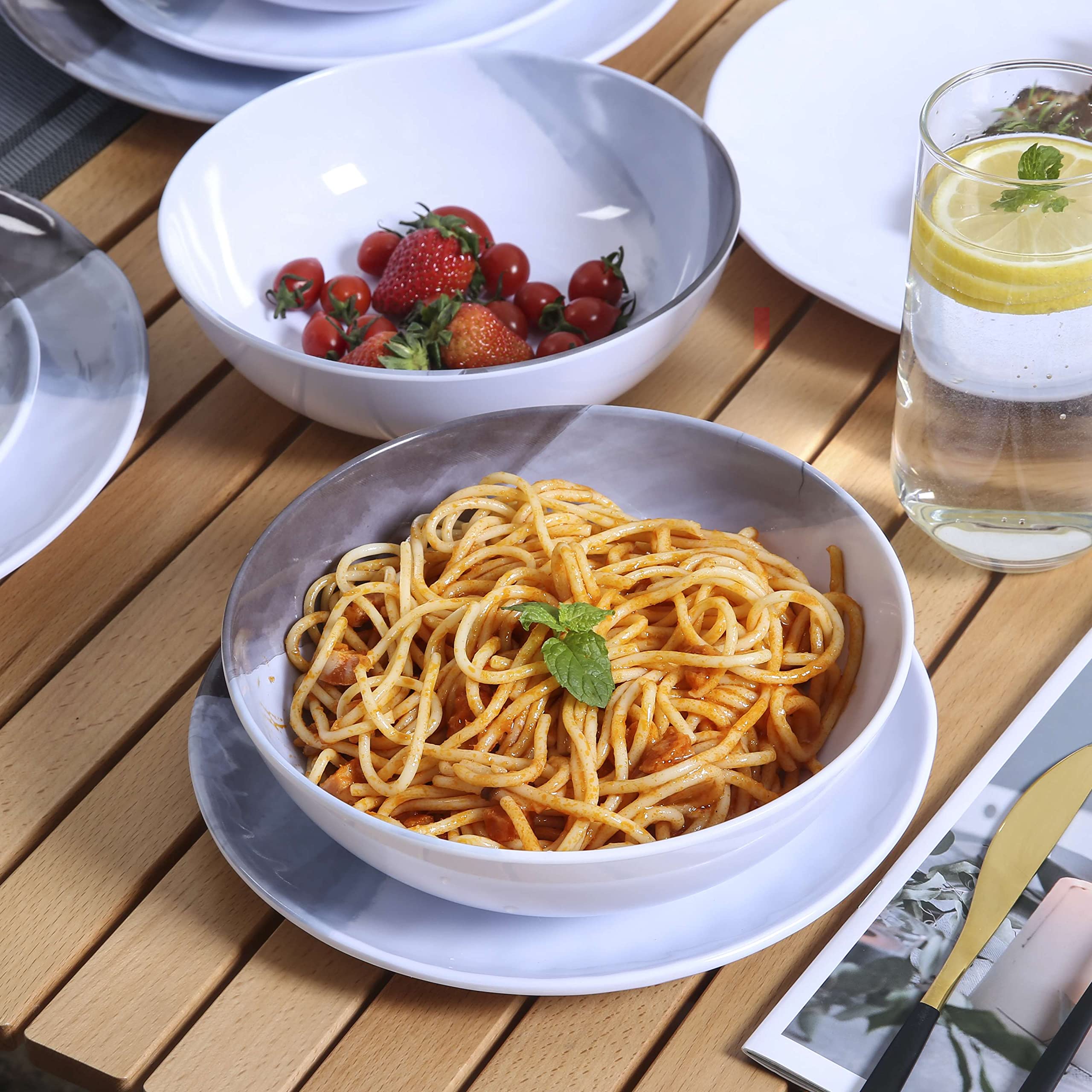 Melamine Plates and Bowls Set - 12pcs Dinnerware Sets for 4, Dinner Plates for Indoor and Outdoor Use, Break-resistant, Grey & White