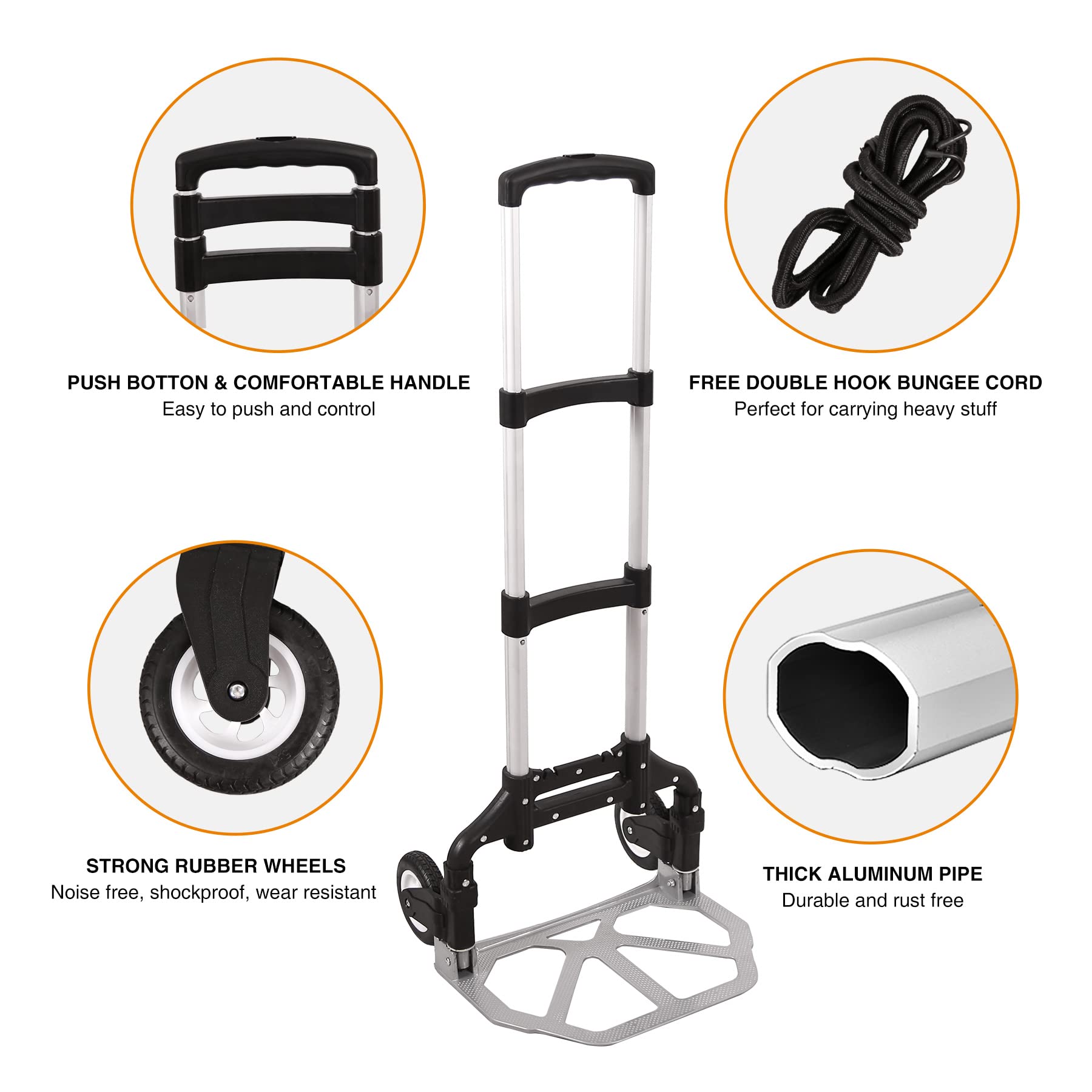 RedSwing Folding Hand Truck, 165lbs Capacity Lightweight Portable Hand Cart with Bungee Rope and 2 Rubber Wheels, Heavy Duty Foldable Hand Dolly for Home Shopping,Moving,Travel,Office ,Silver