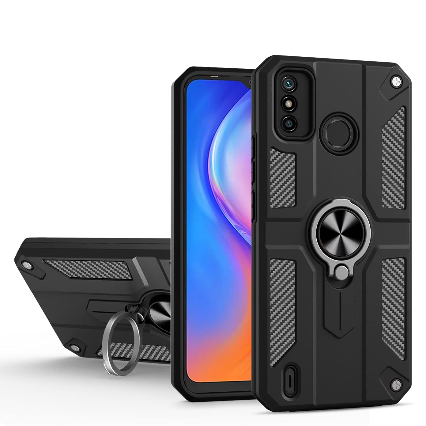 QCMM Compatible for Tecno Spark 6 Go Case Hybrid Heavy Duty Armor Dual Layer Anti-Scratch Case Cover with Kickstand, Black