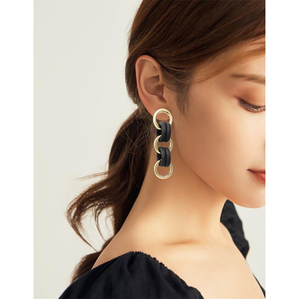 MIGUO STORE Unique Black Exaggerate Chain Earrings Creative Personality Geometric Floor Hollow Drop Dangle Earrings For Women (Gold Black Long Chain Earrings)