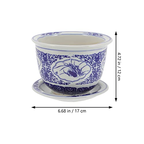 Yardwe Blue and White Planter Ceramic Planter Ceramic Flower Pots with Drainage Hole Plant Pots with Saucer Tray Plants Container for Bonsai Plants Flower Aloe Small Succulent Pots