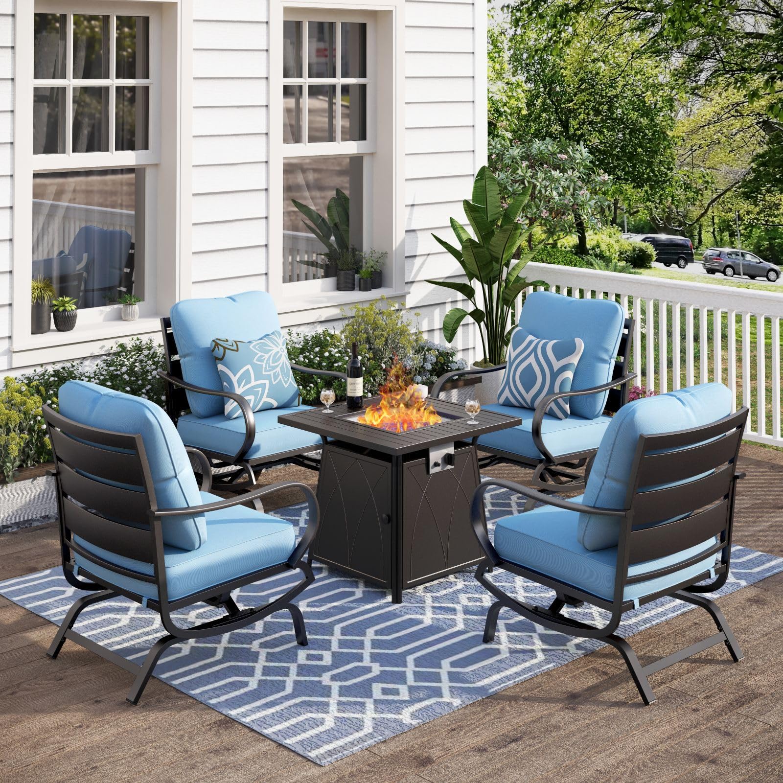 MFSTUDIO 5 Pieces Patio Conversation Sets,Outdoor Metal Furniture Sofas with 1 x 28 50,000 BTU Square Propane Fire Table and 4 x Wrought Iron Frame Rocking Chairs with Beige Cushion