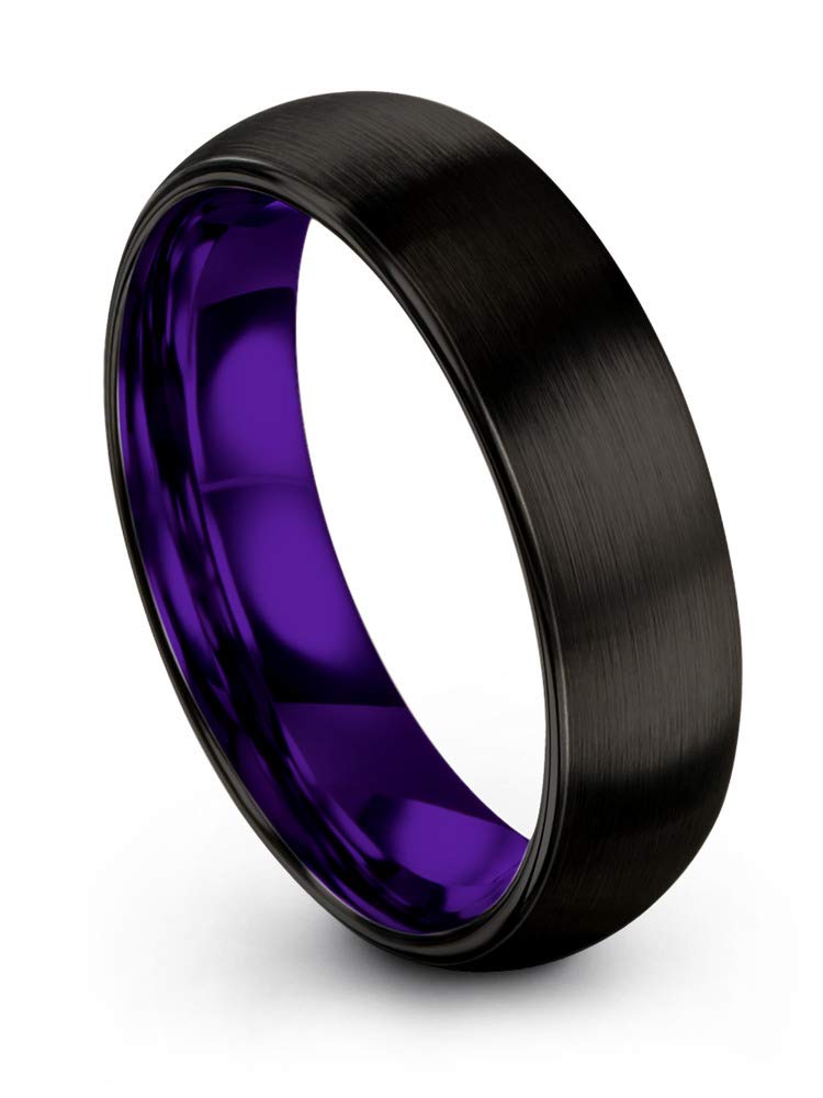 P. Manoukian Tungsten Carbide Wedding Band Ring 6mm for Men Women with Purple Interior and Black Exterior Dome Style Brushed Polished Comfort Fit Anniversary Size 7.5