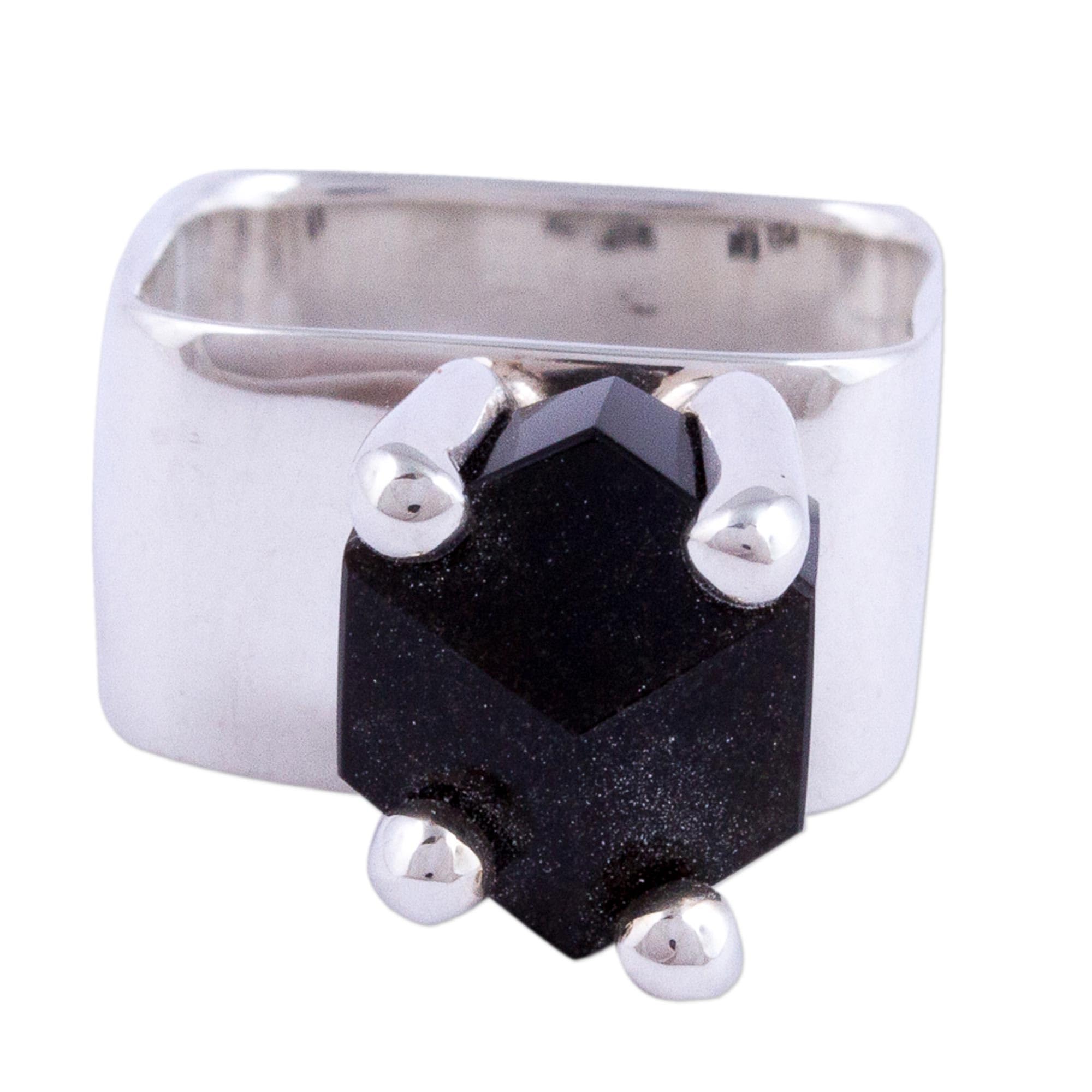 NOVICA Artisan Handmade .925 Sterling Silver Obsidian Solitaire Ring Taxco with Black Single Stone Cocktail Mexico Modern 'Modern Facets'