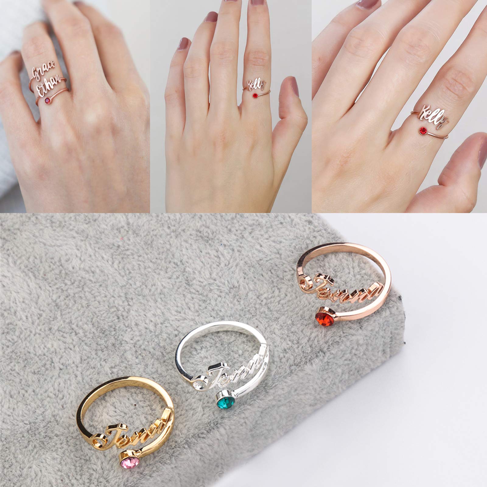 MRENITE 10k 14k 18k Solid Yellow Gold Personalized Name Ring with Crystal Birthstone β Dainty Nameplate Letters Engraving Engagement Ring- Custom Any Name Gift for Women Her