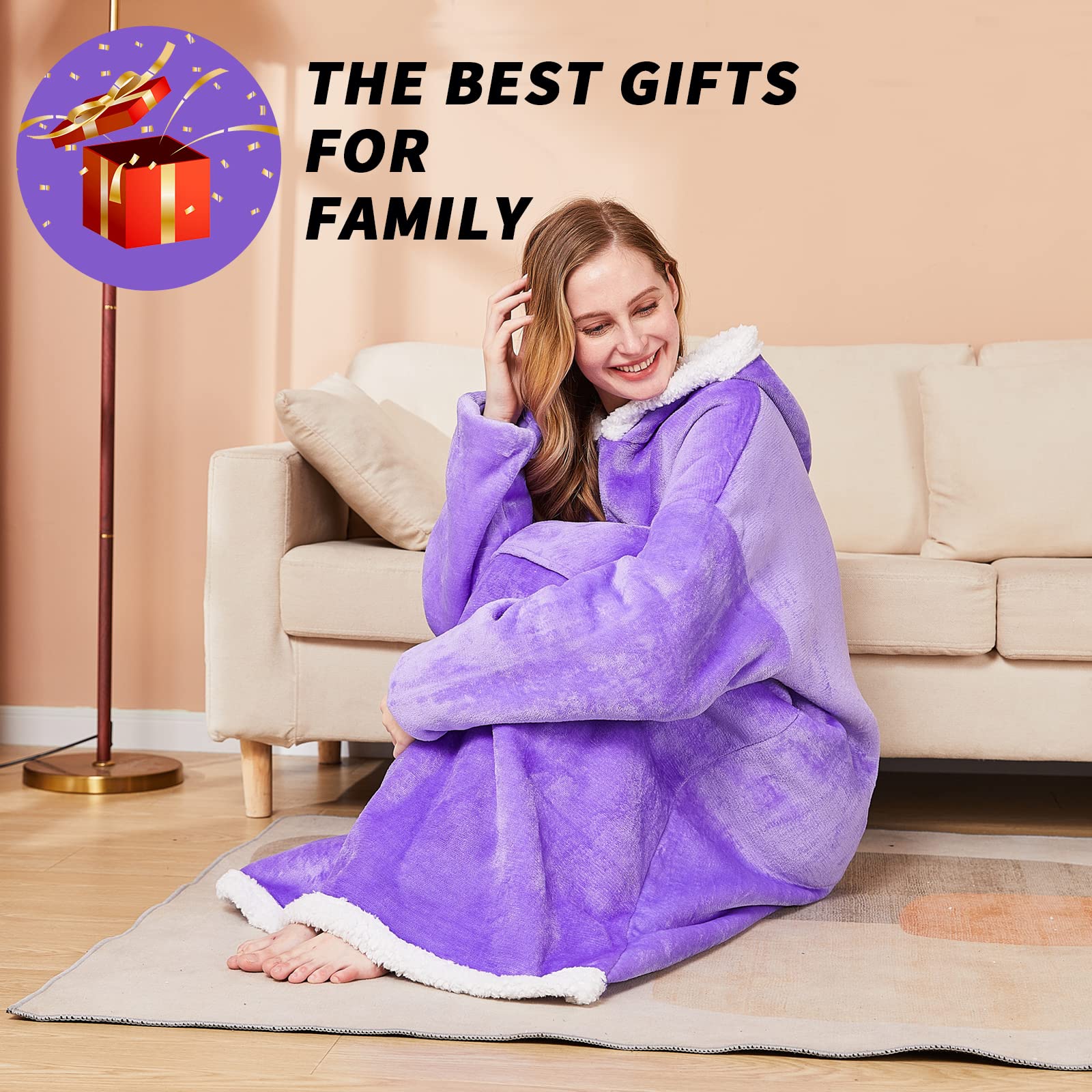 Oversized Sherpa Wearable Blanket Hoodie, Pullover Sweatshirt Warming Blanket for Women Gift Idea for Adults Teens Men, Navy, One Size