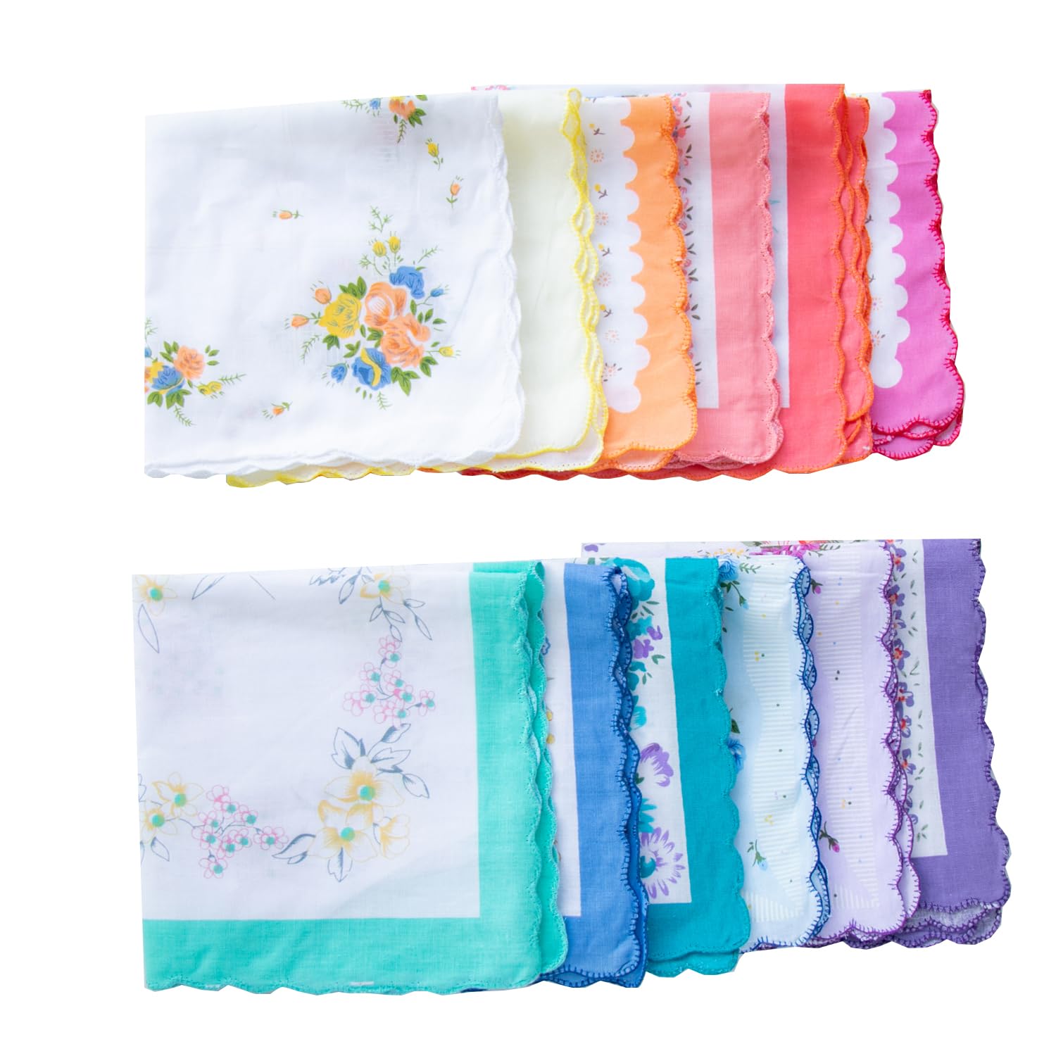 MZLIU Womens Girls Vintage Floral Cotton Handkerchiefs with Scalloped Edge Hankies 3PCS