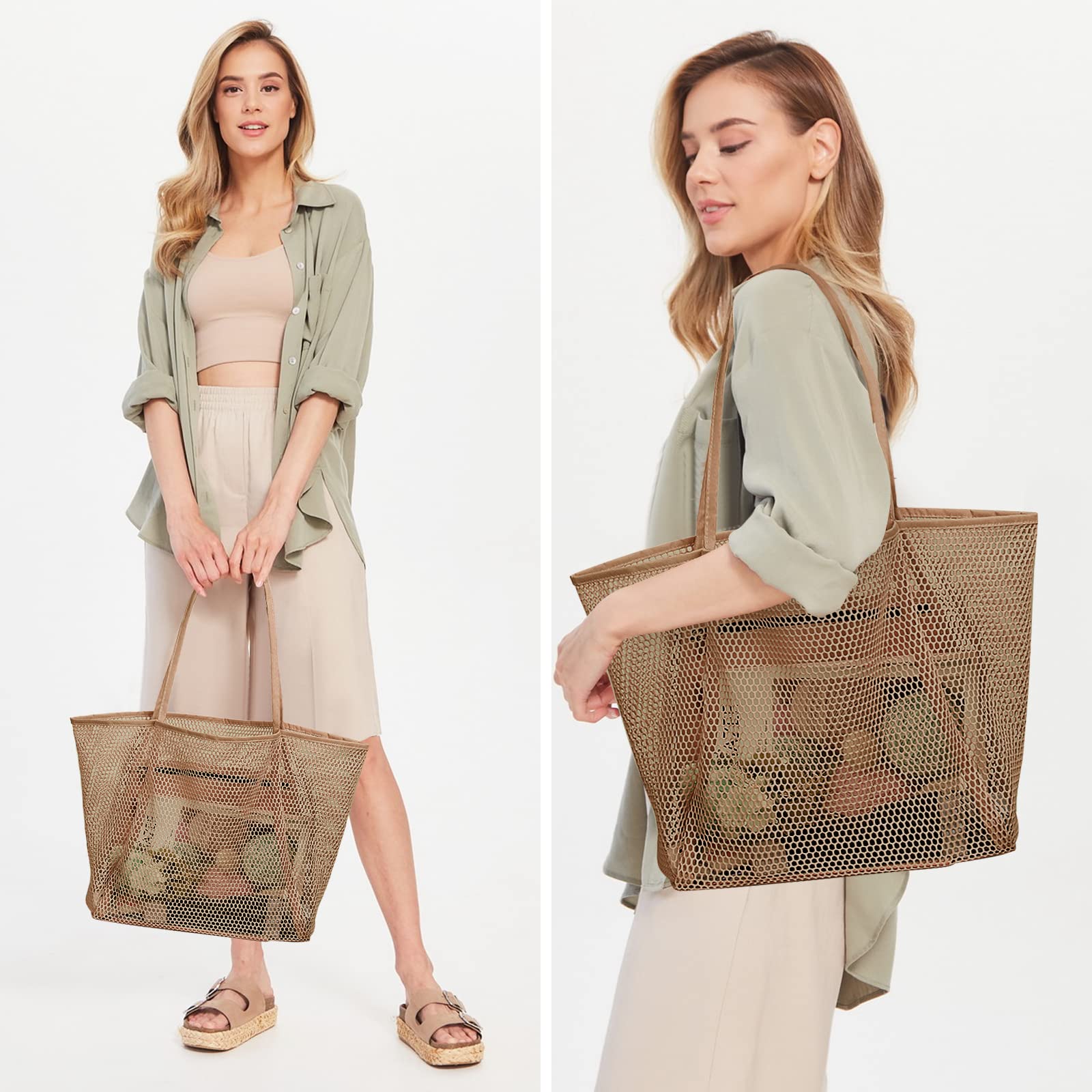 Nausear Mesh Tote Beach Bag Womens Shoulder Handbag - Spacious, Durable, Breathable, Stylish, Multi-Purpose (Brown)