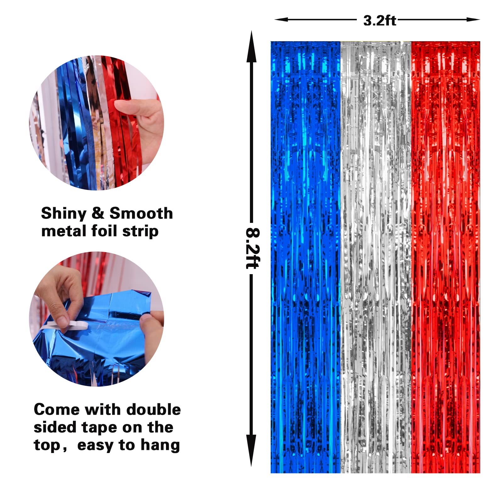 PIGETALE, 2 Pack 3.2 x 8.2 ft Red White and Blue Foil Fringe Backdrop Curtain, Streamer Backdrop Tinsel Curtains Photo Booth Props for Graduation Birthday Memo