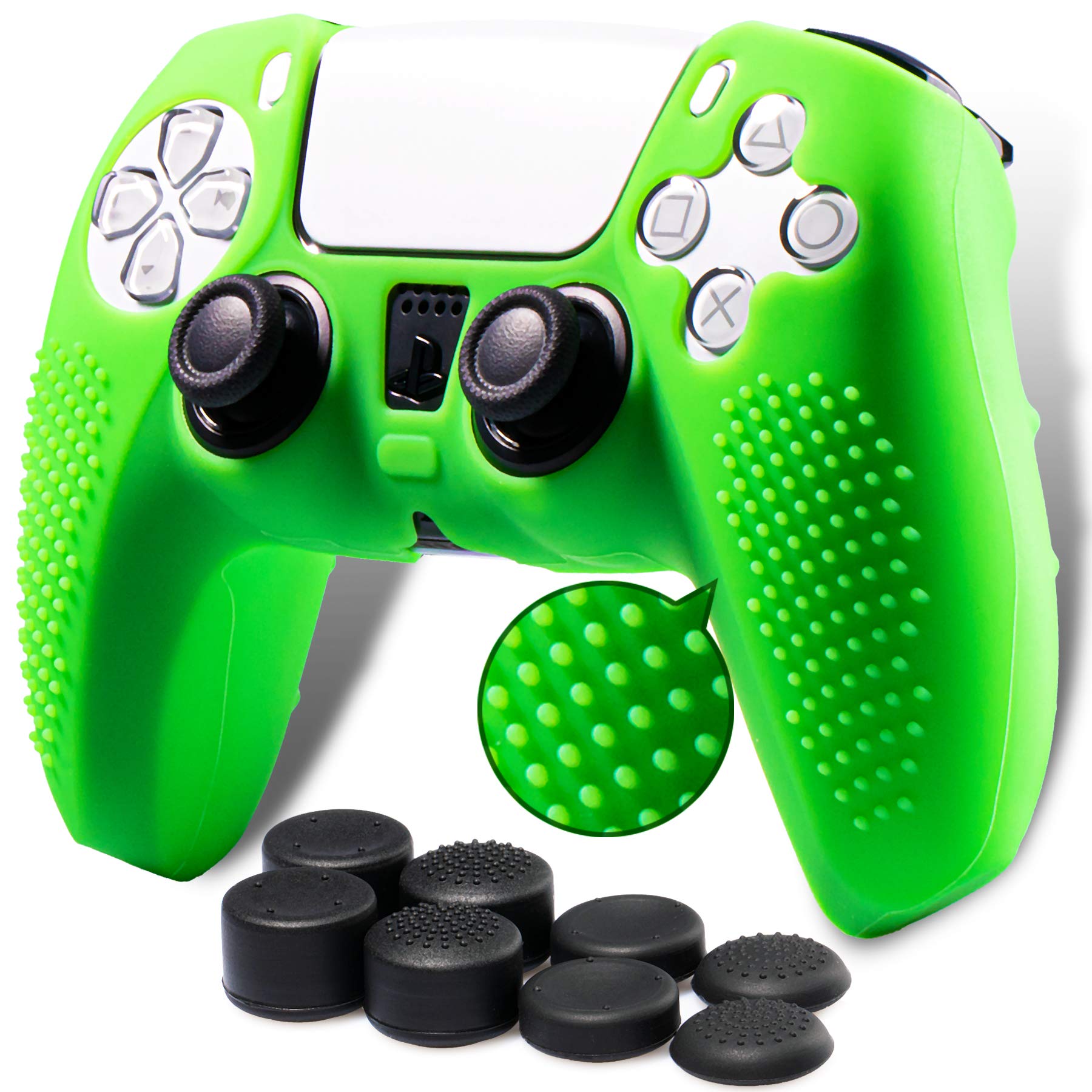 Playrealm Soft 3D Dots Silicone Skin Cover x 1 & Thumb Grips x 8 for PS5 Dualsenese Controller (Green)
