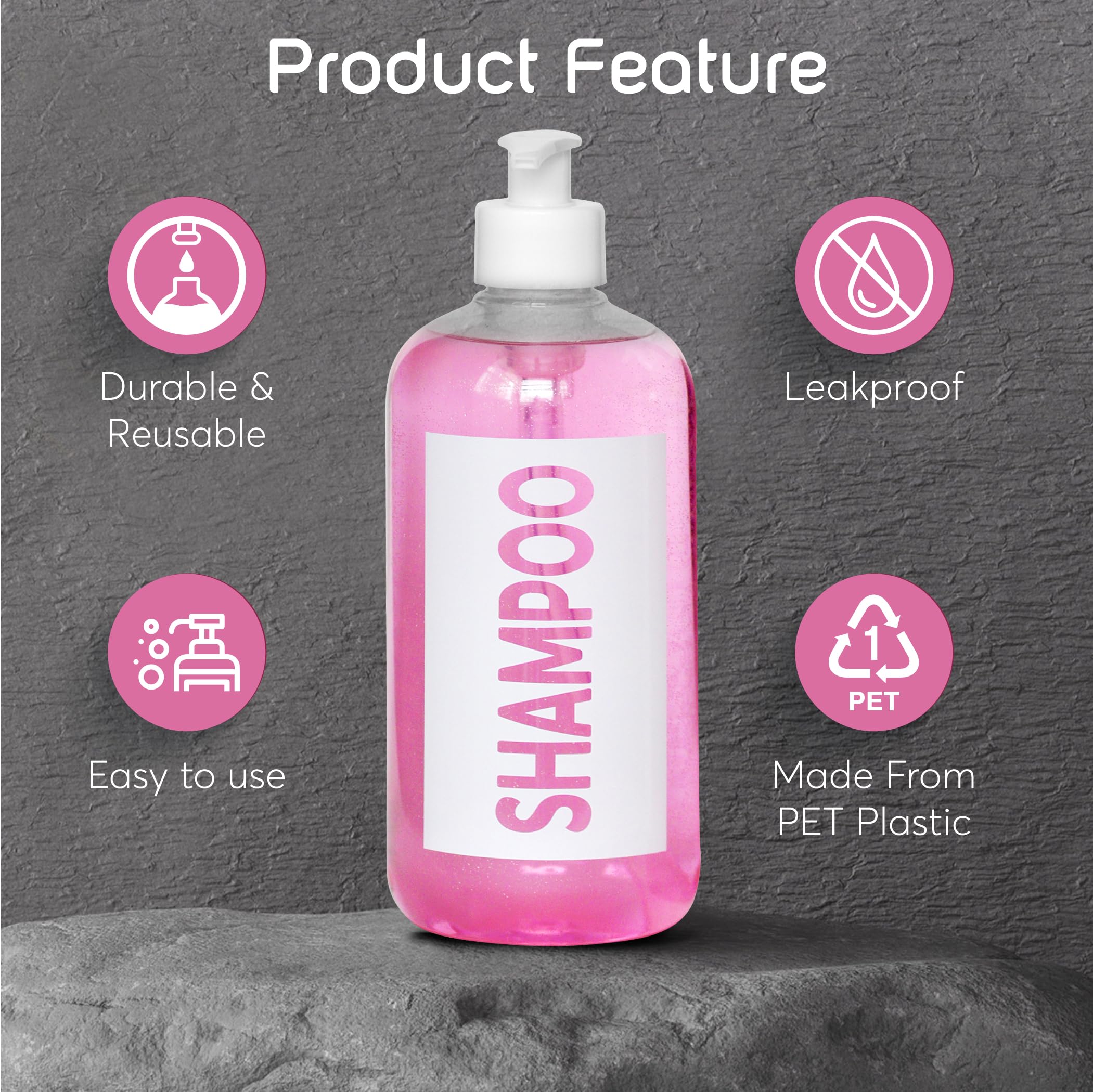 Modern Refillable Shampoo and Conditioner Dispensers by AylaMae | 500ml / 16.9oz PET Plastic Bottles (Clear)