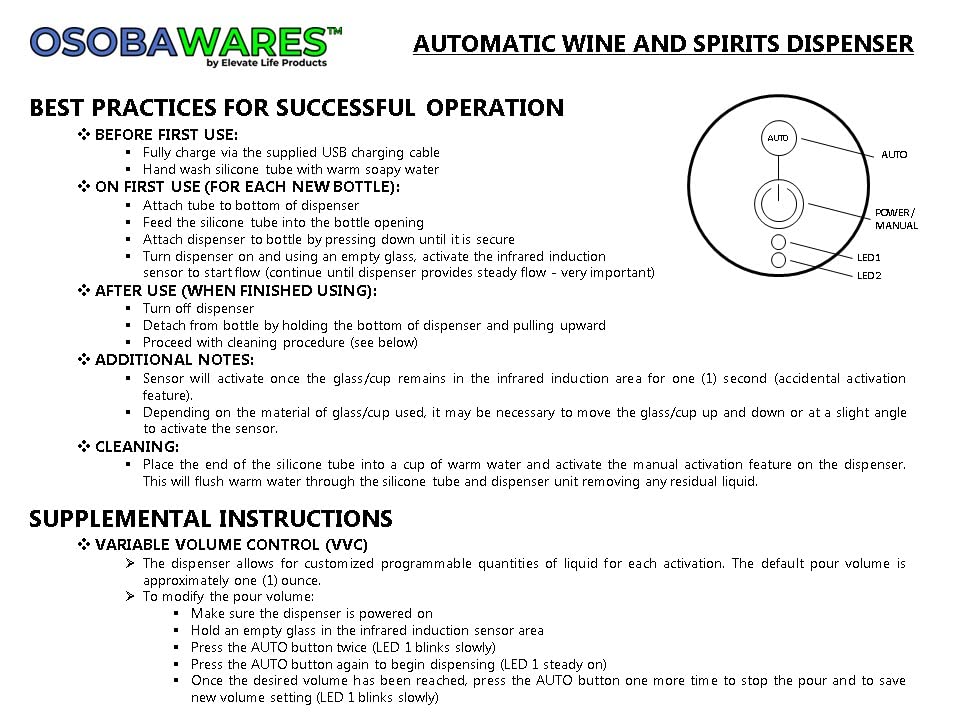 The Osobawares™ Automatic Wine and Spirits Dispenser | Wine Aerator | Cordless Design with Volume Control