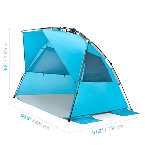 Pacific Breeze Easy Setup Beach Tent Deluxe XL with extendable floor for privacy, SPF 50+ Pop Up Beach Tent provides shade for 4 or more people