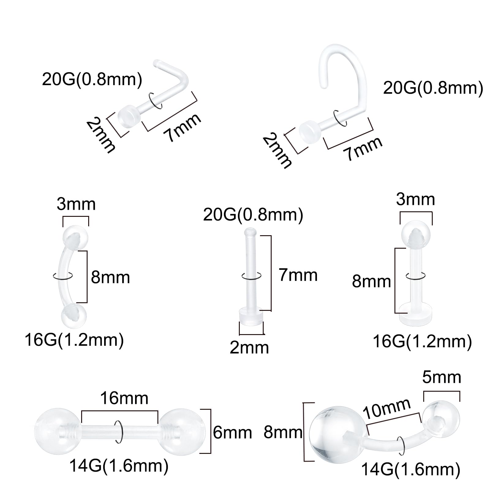 Oveta 55pcs Clear Piercing Retainers Flexible Bioflex 14G 16G 20G Navel Belly Button Ring Lip Labret Eyebrow Tongue Barbells Cartilage Tragus Earrings Retainer