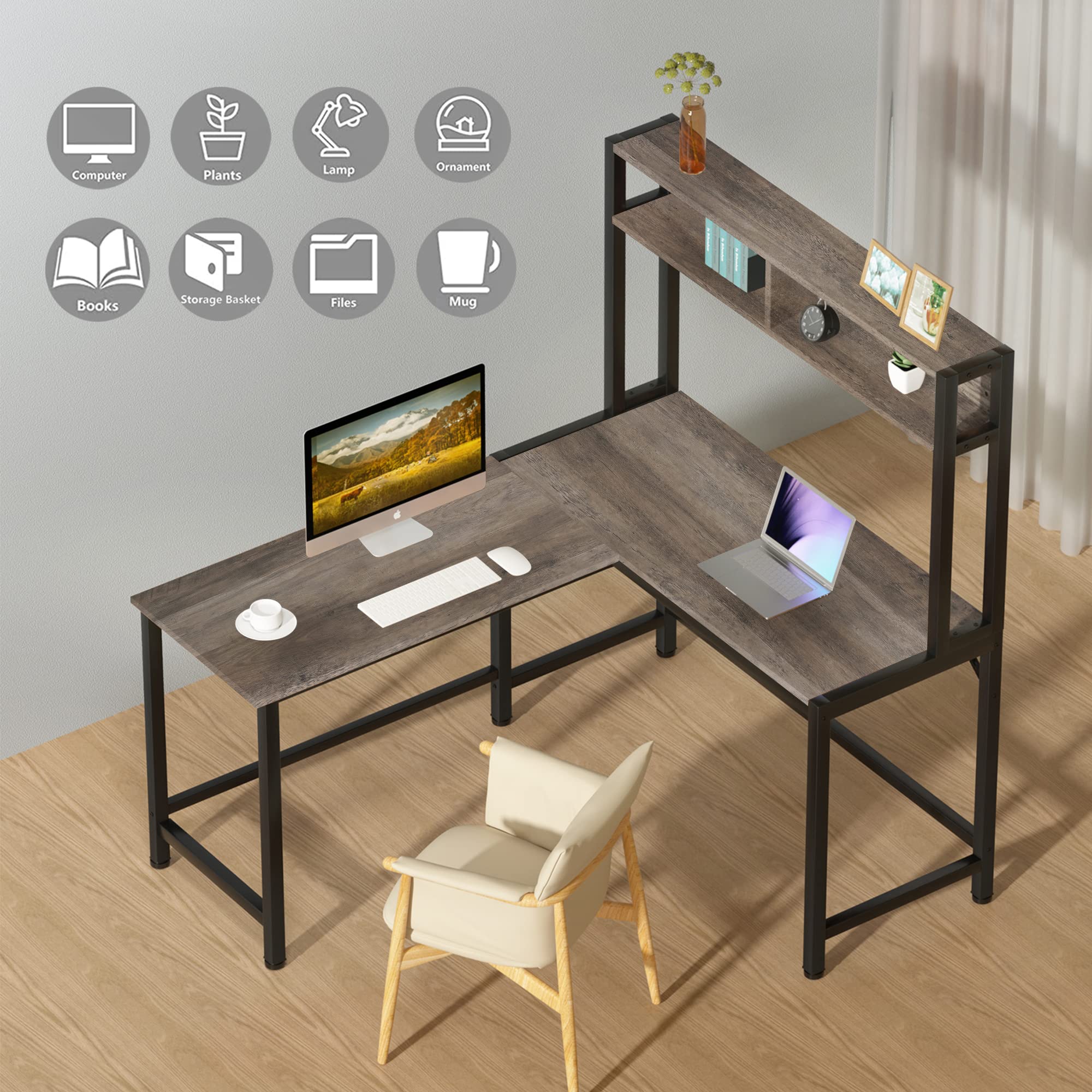 TechLand L Shaped Desk with Hutch, 55 Inch Corner Computer Desk Gaming Table Workstation with Storage Shelves Bookshelf, Study Writing Space Saving Desk for Home Office Grey SMDK006GR 0