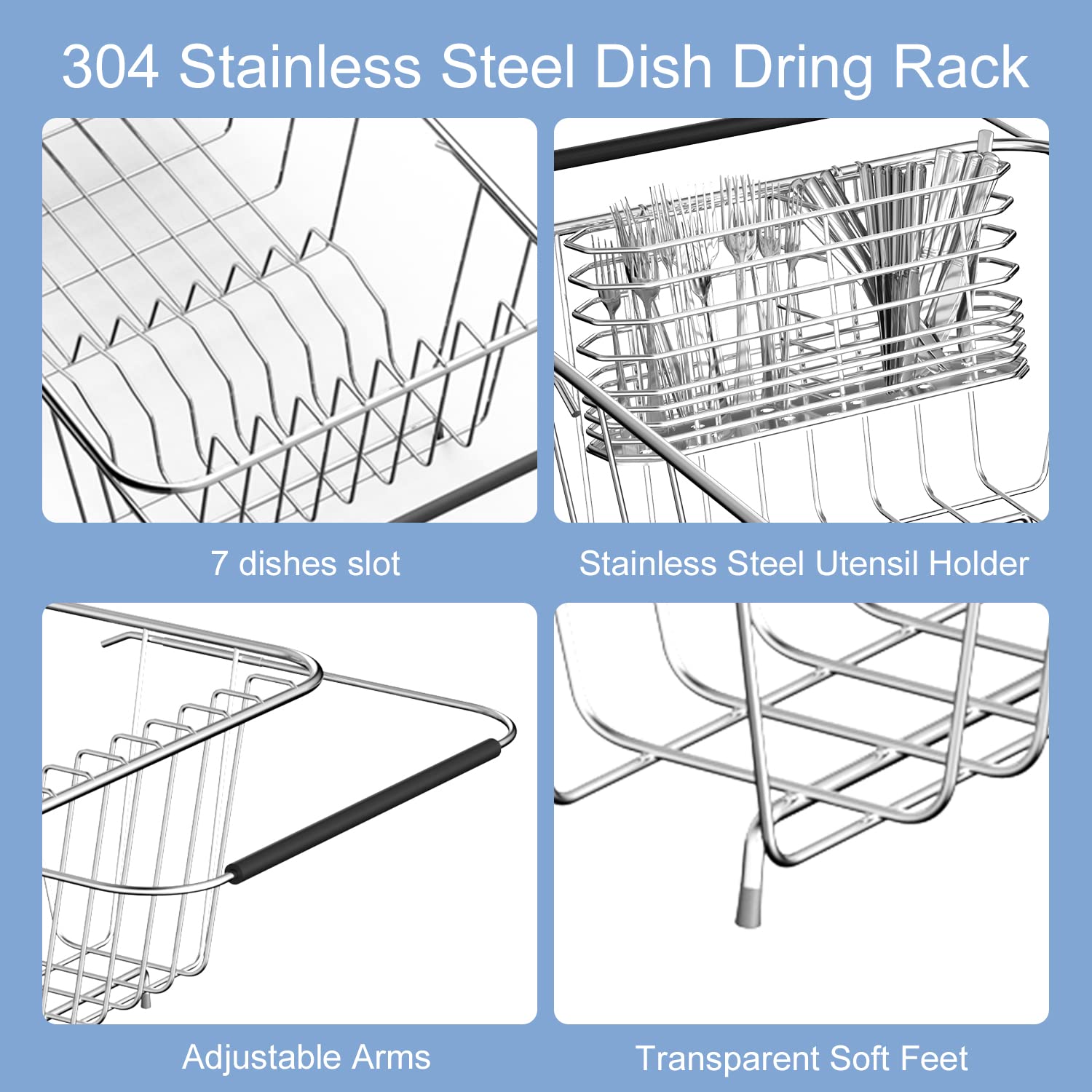 Sink Dish Drying Rack, 304 Stainless Steel Rustproof Expandable Dish Drainer Organizer with Stainless Steel Silverware Holder Over Inside Sink-Adjustable 14.96" to 20.59" (Maximium 11 Upright Dishes )