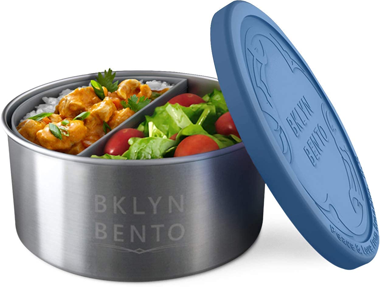 Stainless Steel Food Container With Silicone Food Separator and Leak Proof Silicone Lid | Metal Lunch Box Divider | Bento Box | Portion Control Snacks (Blue & Grey (Food Separator)