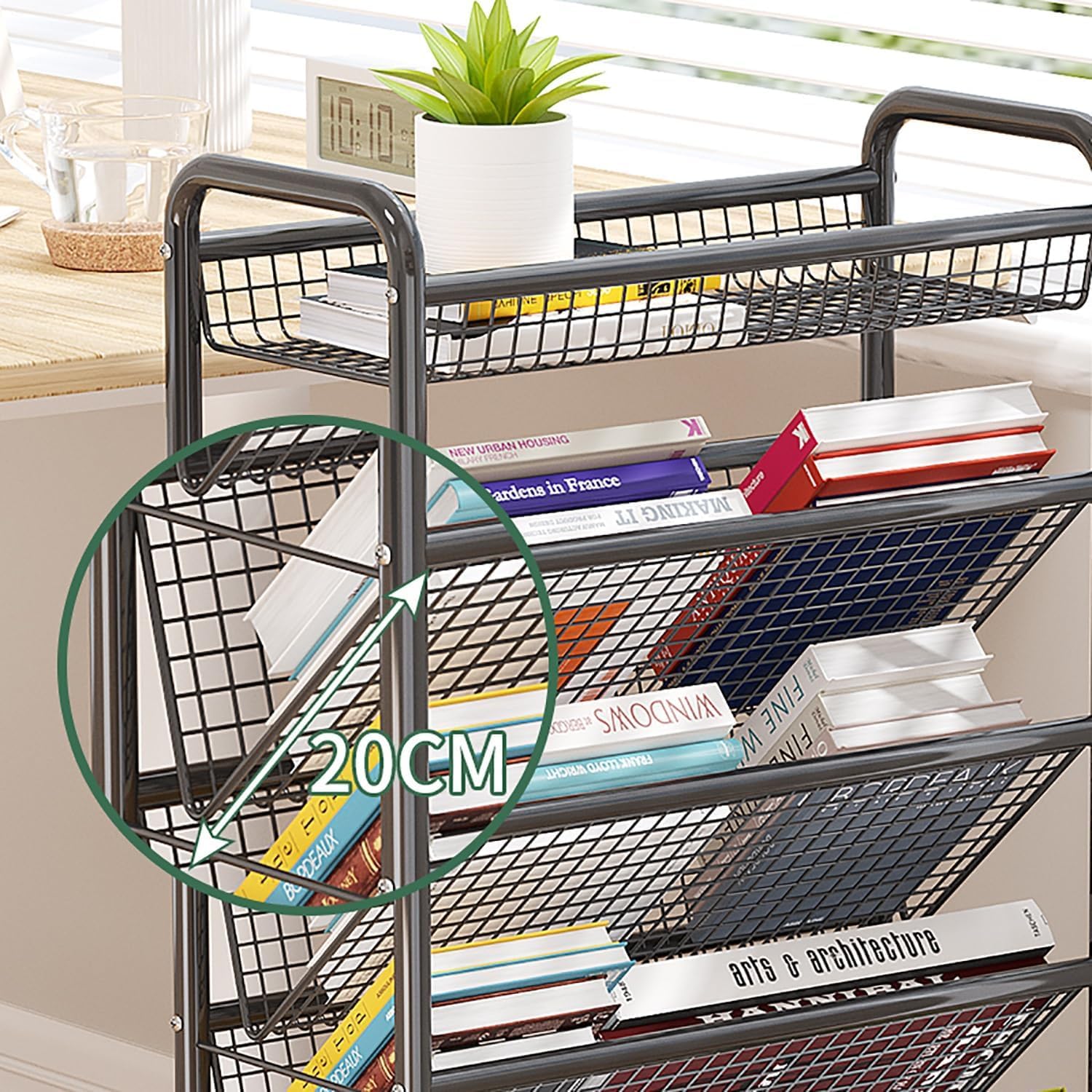 MOUNW Compact Rolling Book Cart, 6 Tiers Movable Bookshelf Cart Storage Rack, with 360° Universal Wheel, for Office, Kitchen, Bathroom