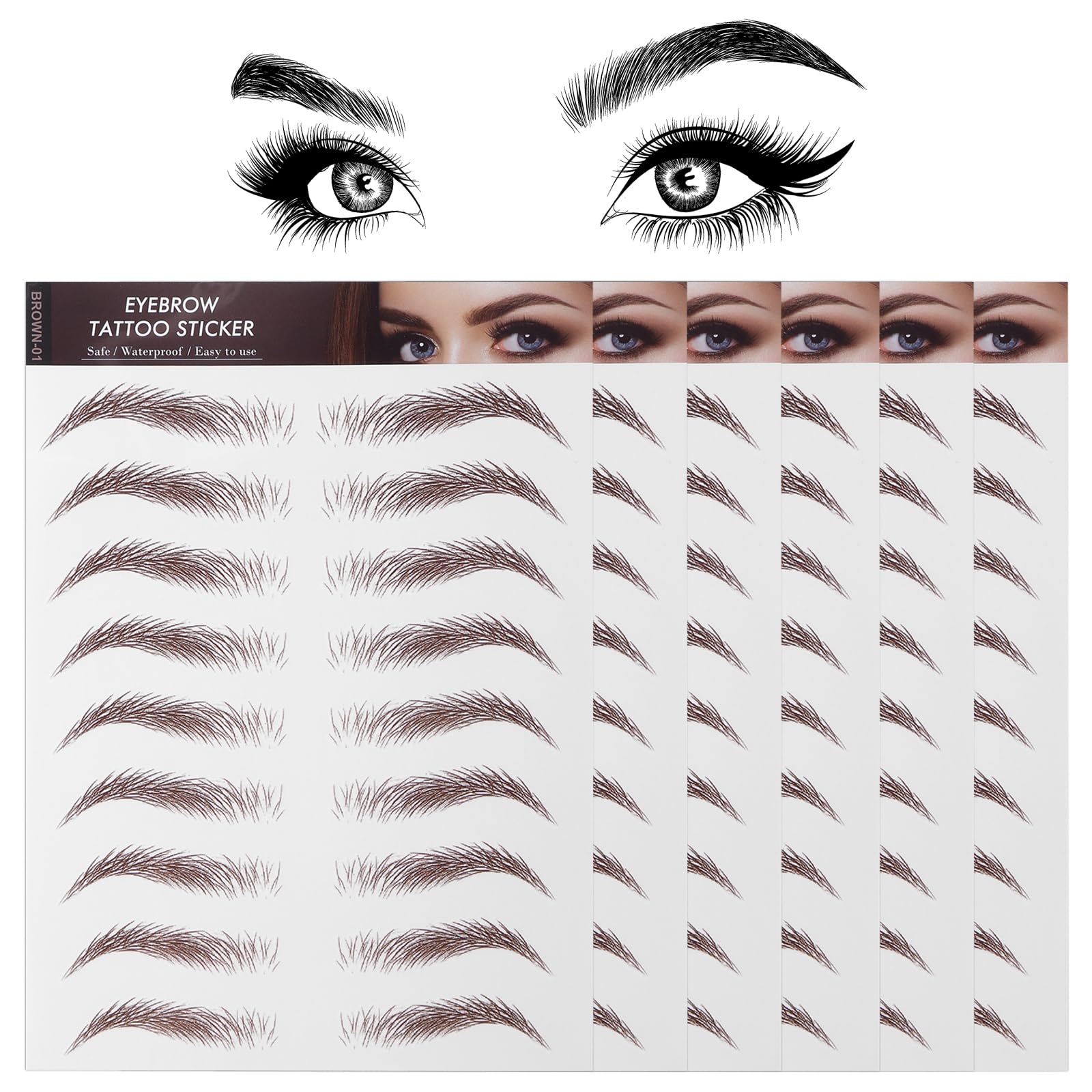 Sibba 4D Hair-Like Eyebrow Tattoos Stickers 6 Sheets Brown Waterproof Temporary Brow Colors Transfers Sticker Peel Off for Eye Makeup Supplies Grooming Shaping Women Girls