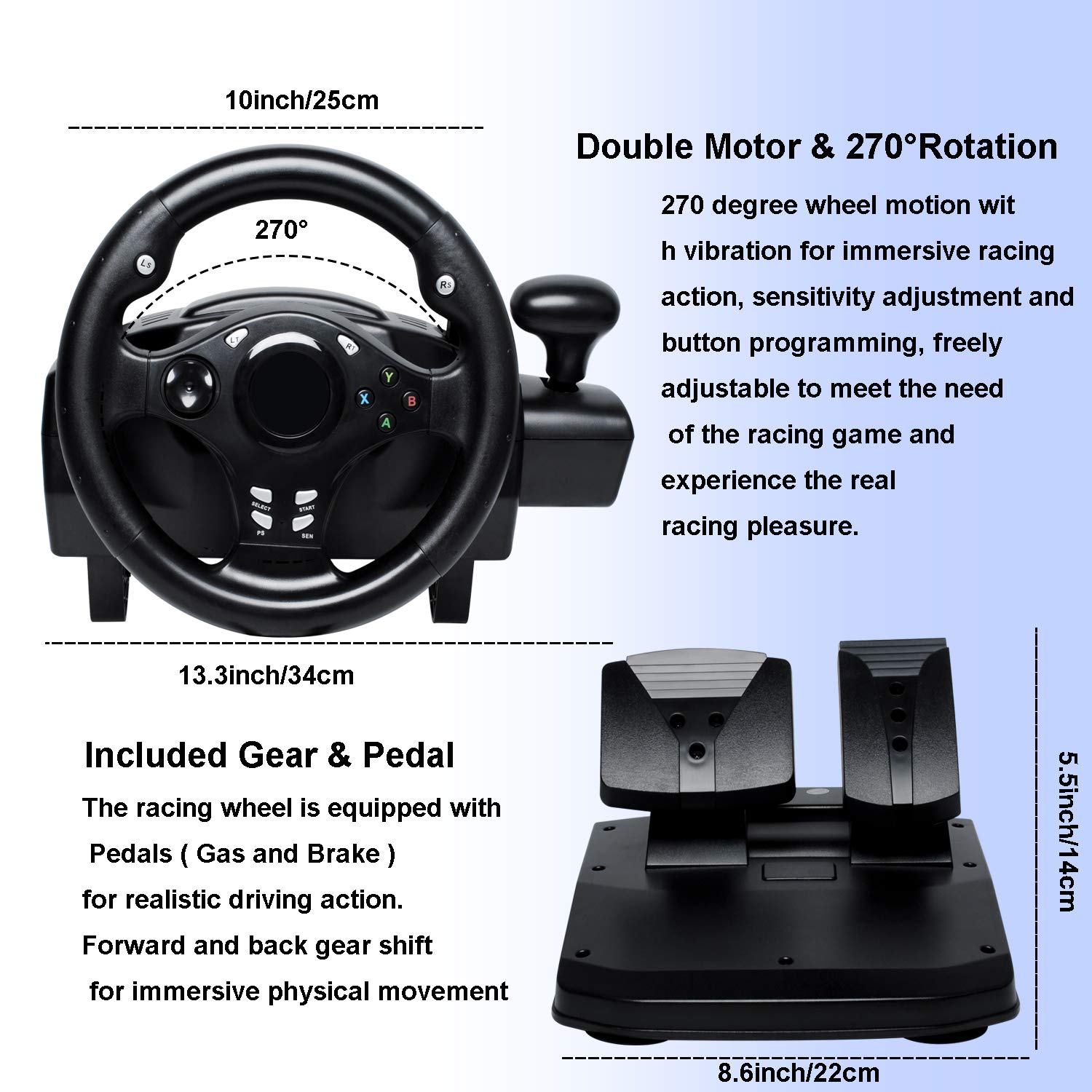 R270 Degree Gaming Racing Steering Wheel w/ Pedals for compatible with XBOX ONE XBOX 360 PC Driving Force Steering Wheel PS3 PS4