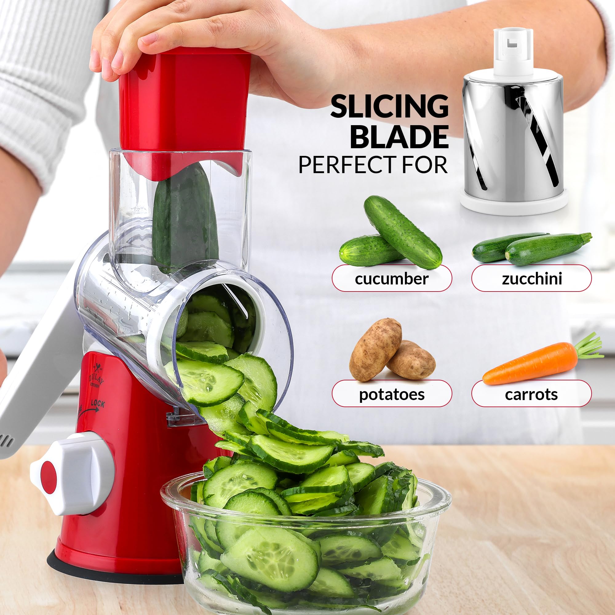 Zulay Kitchen Cheese Grater Hand Crank, Grater For Kitchen With Reinforced Suction - Rotary Cheese Grater With 3 Replaceable Stainless Steel Blades - Easy to Use & Clean - Vegetable Cutter - Red