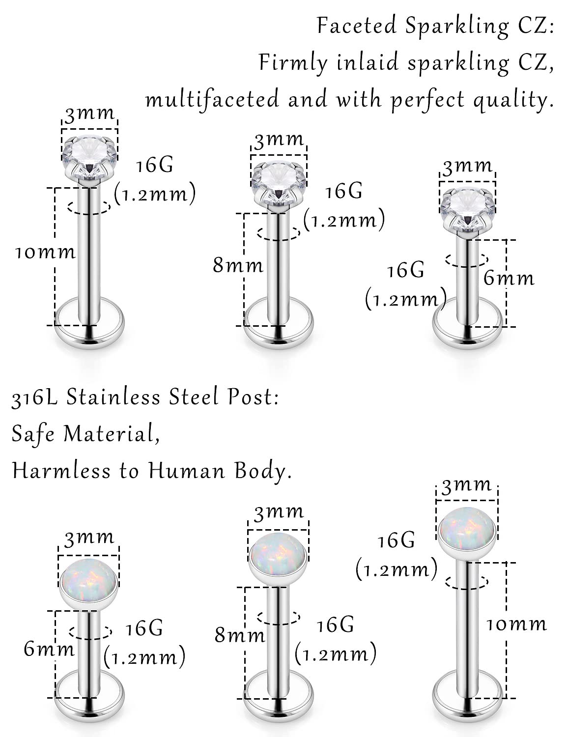Ovxznts 18Pcs Assorted Length 16G Lip Rings for Women Men Surgical Steel Medusa Piercing Jewelry Labret Studs CZ Diamond Opal Tragus Forward Helix Earrings Retainer Silver-tone