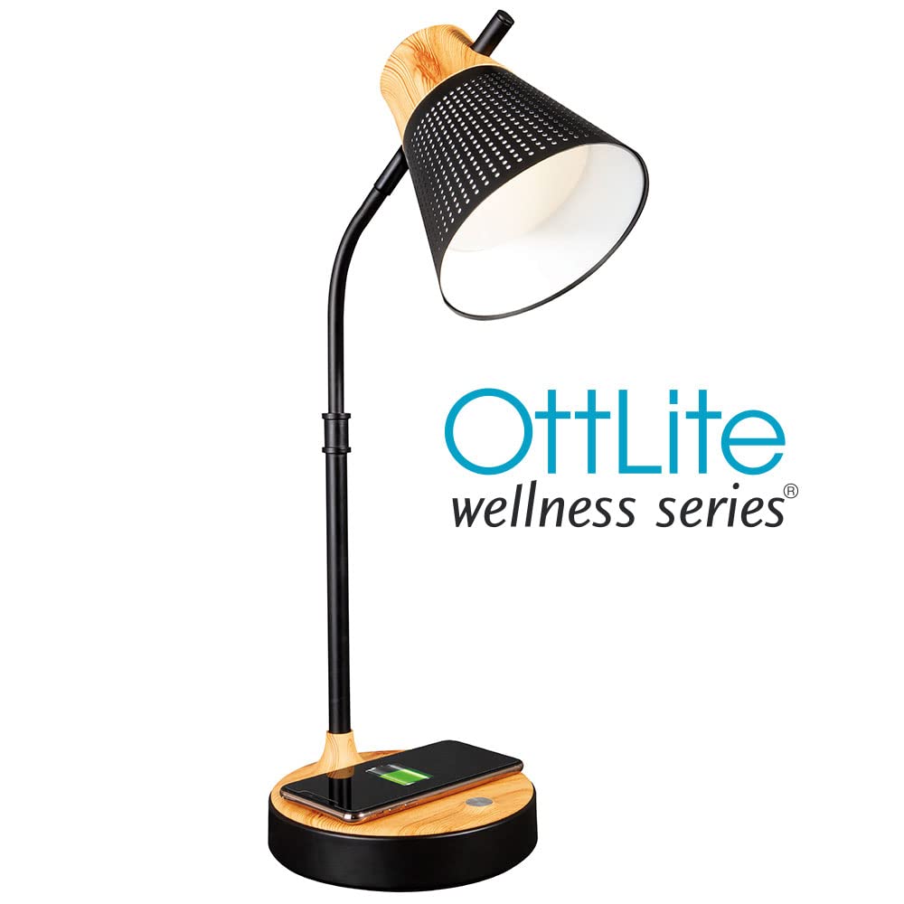 OttLite Wellness Series Wireless Charging LED Table Lamp, Black with Woodgrain AccentsâŚ