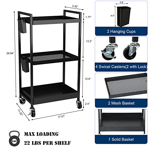 STEEHOOM 3 Tier Utility Rolling Cart, Metal Rolling Storage Cart with Locking Wheels Kitchen Cart with 2 Small Hanging Cups for Bathroom, Office, Balcony, Library, Living Room (Black)
