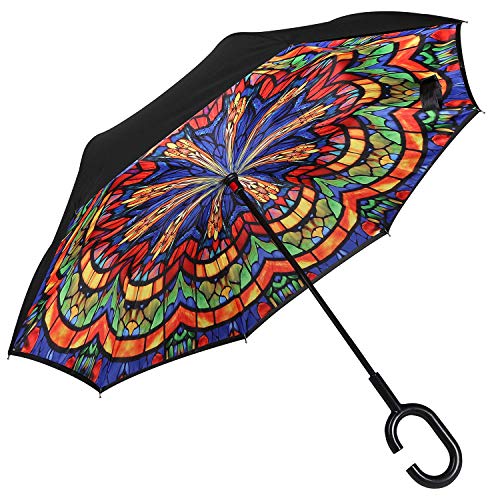 owen kyne Windproof Double Layer Folding Inverted Umbrella, Self Stand Upside-down Rain Protection Car Reverse Umbrellas with C-shaped Handle (Gothic Windows)