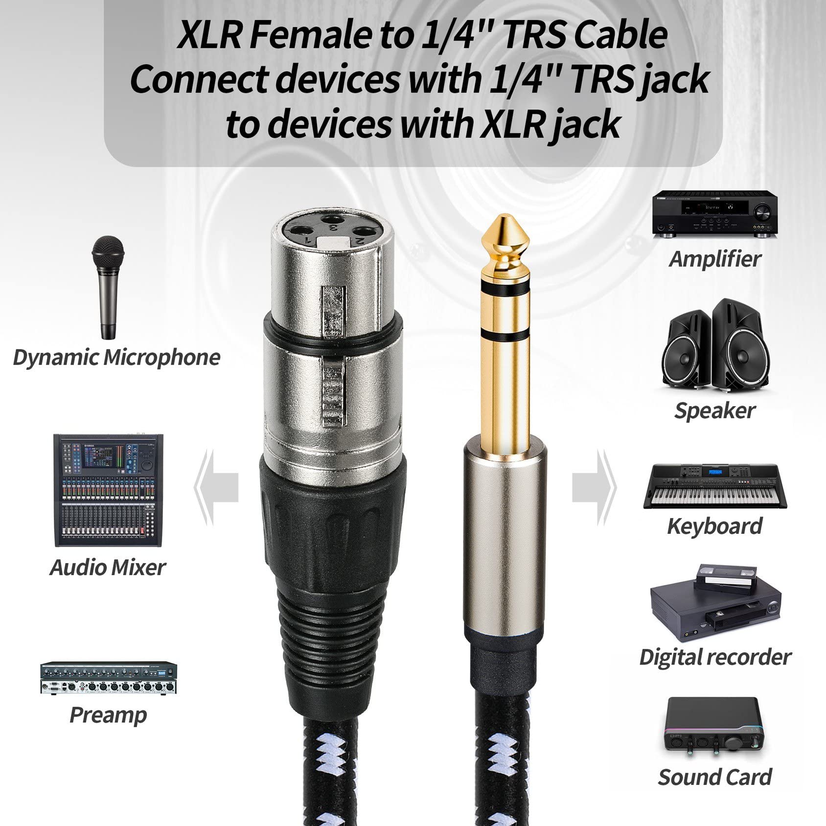 Sound harbor XLR Female to 1/4" TRS Cable, Balanced Microphone Cables, 3.3 Feet