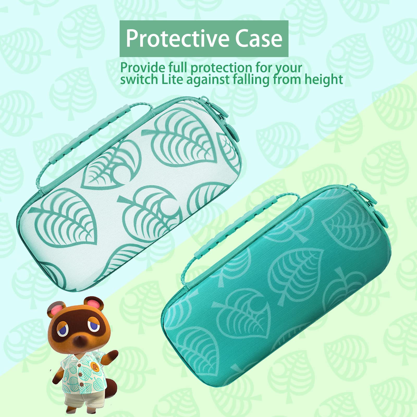 TIKOdirect Carrying Case for Switch lite, Shockproof Portable Travel Bag with Glitter Galaxy case, Screen Protectors and Cute Leaf Thumb Grips Caps, Animal Crossing Green