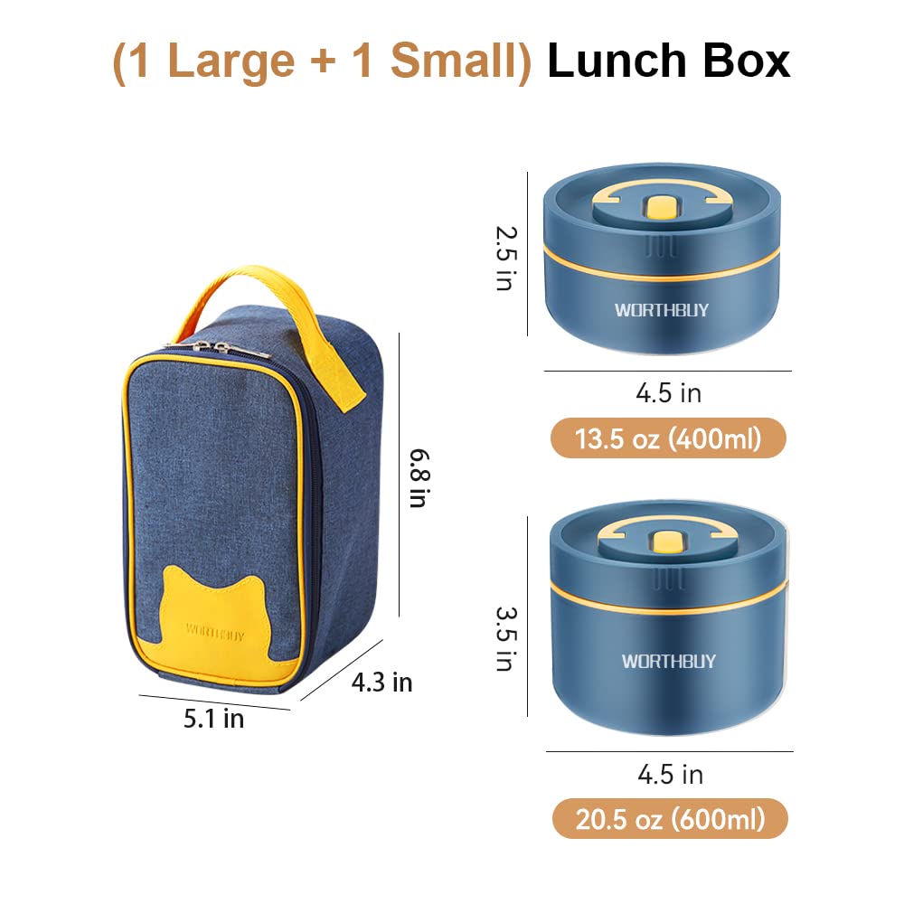 TiLeMiun Portable Insulated Lunch Containers Set, Microwave Safe Thermal Lunch Box For Kids & Aldults, 18/8 Stainless Steel Leakproof Food Container With Bag (Blue 2Pcs 34oz)