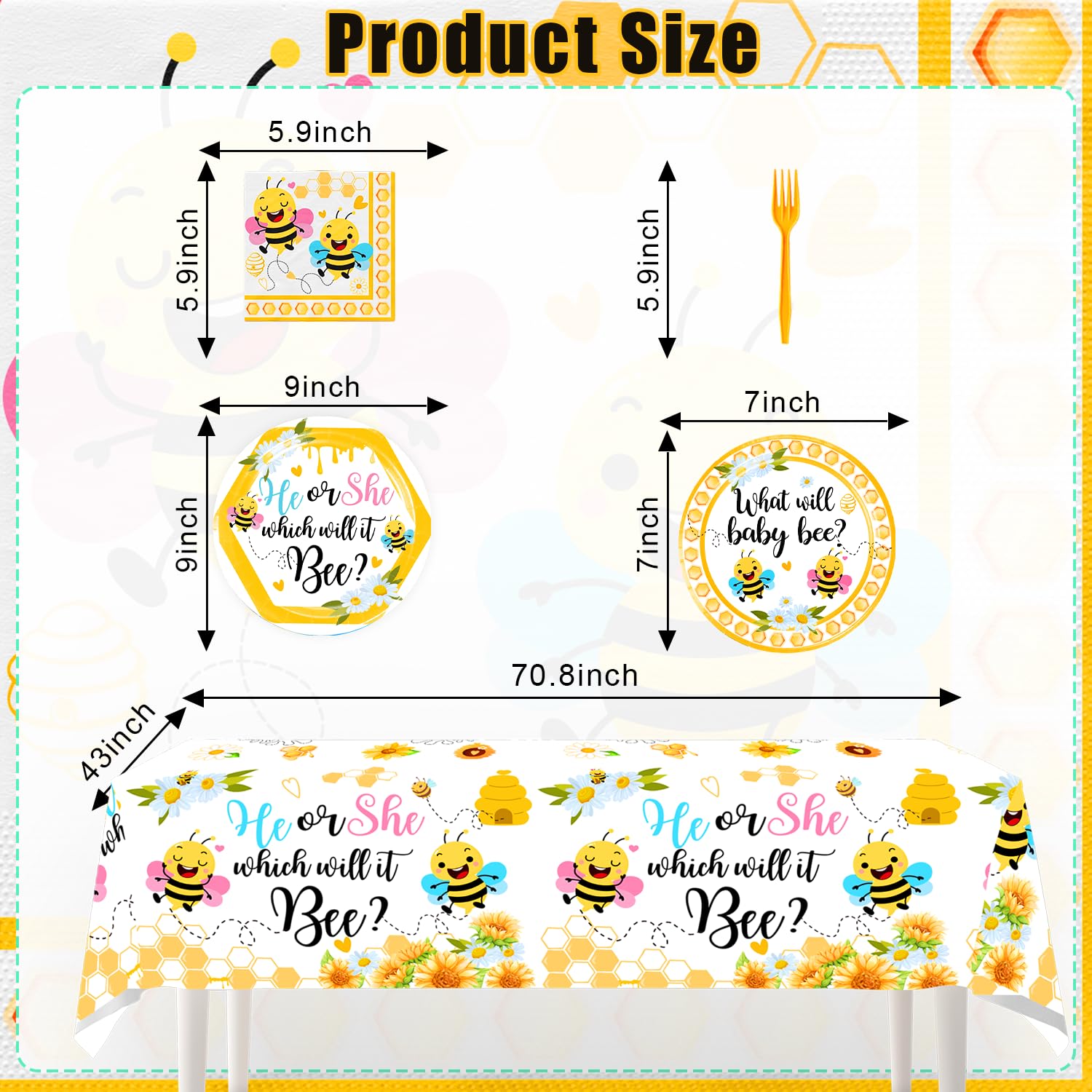 Yingoto 168pcs What Will it Bee Gender Reveal Decorations Tableware Set, Bee Gender Reveal Decorations Include Banner, Plates, Napkins, Tablecloth, Bee Party Decorations for Baby Shower, Serve 25