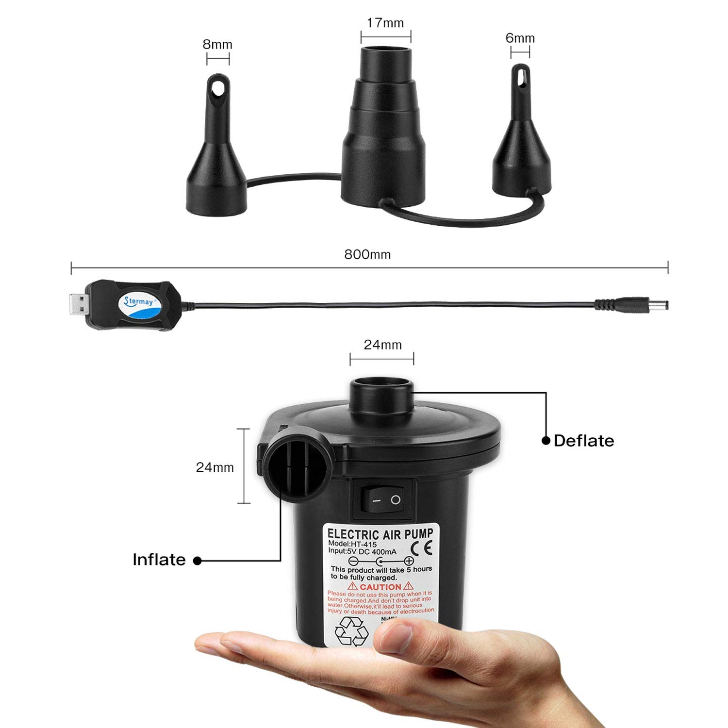 Rechargeable Electric air Pump,Portable Quick-Fill Inflator & Deflator with 3 Nozzles for Inflatables,Perfect for Inflatable Cushions, Air Mattress, Pool Toy, Swimming Ring