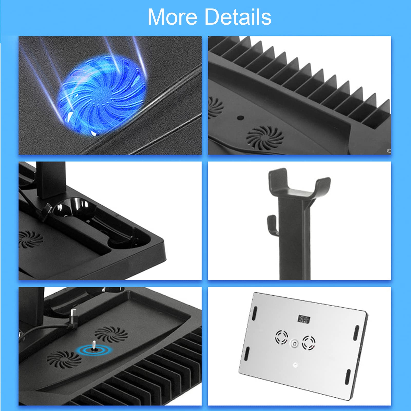 Vertical Cooling Fan Stand for PS5 Console, Digital Editions Dual Controllers Charger, 2 Silent Cooling Fans, Retractable Game Storage Slots, for Playstation 5